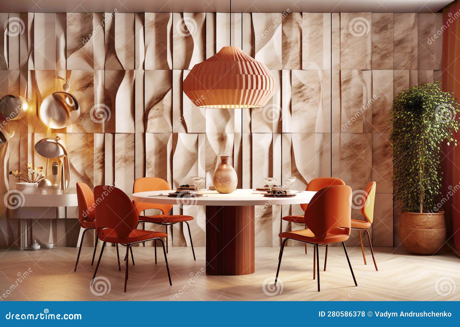 Round Table Against of Stone 3d Panel Wall. Interior Design of Modern ...