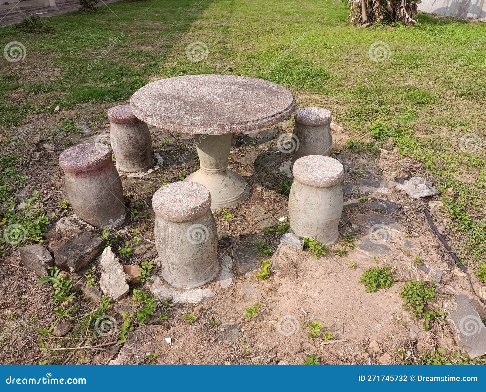 Round Table Along with Small Circular Seats for Meeting Outside Stock ...