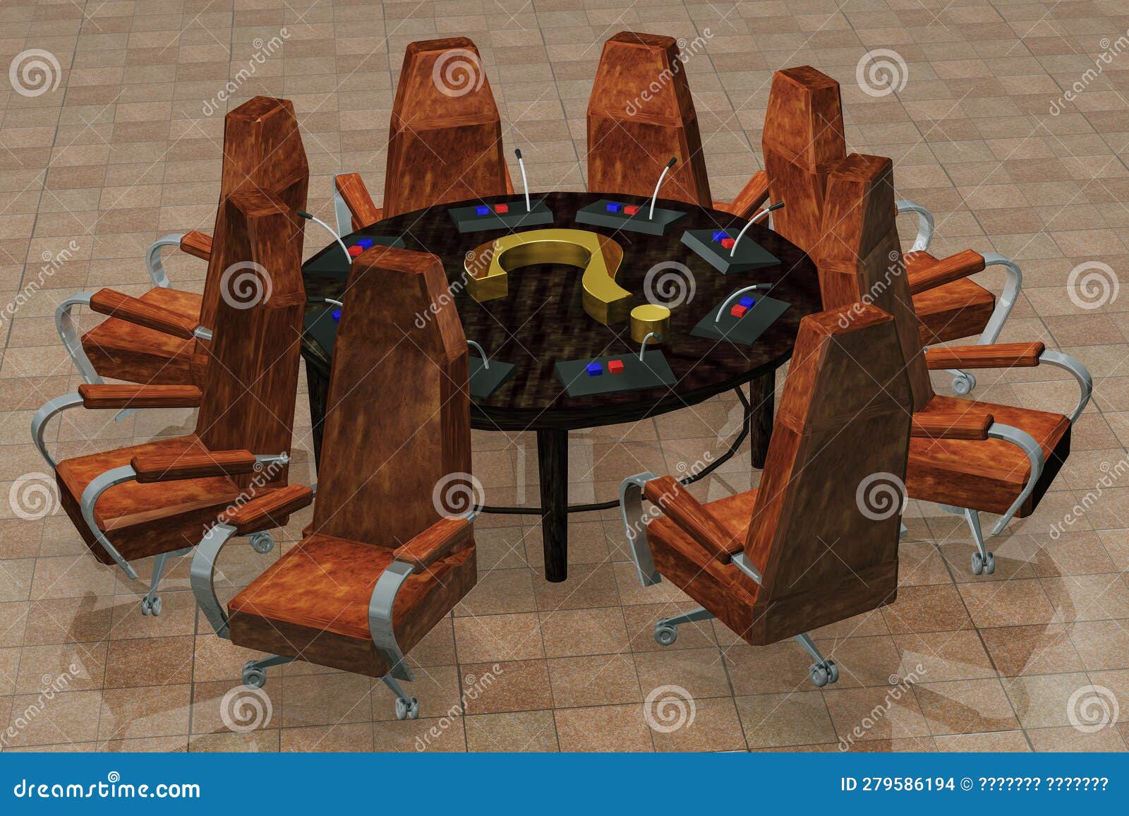 Round Table With Chairs Around. There Is A Question Mark On The Table ...