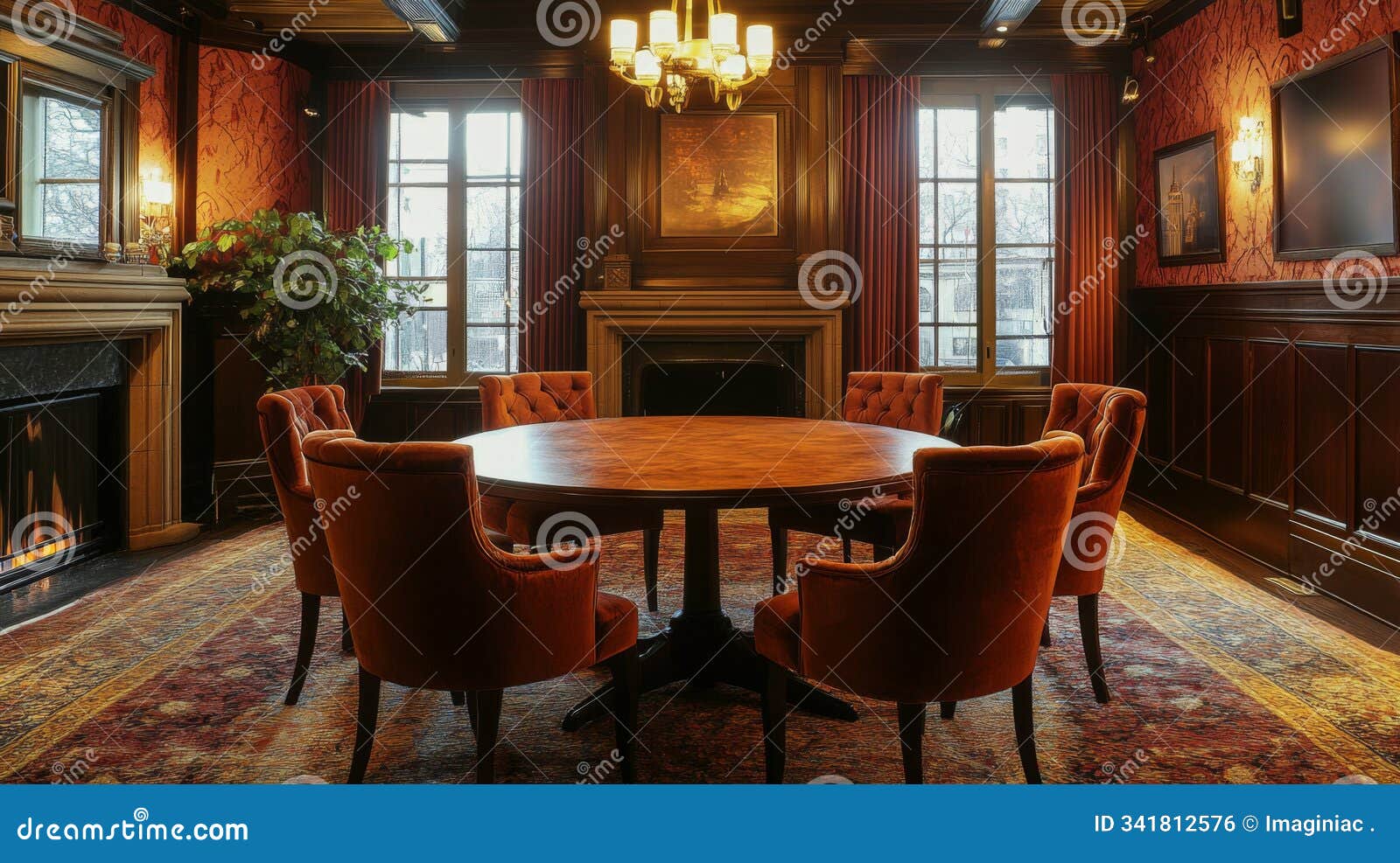 A Round Table and Chairs in a Grand Room with a Fireplace Stock ...