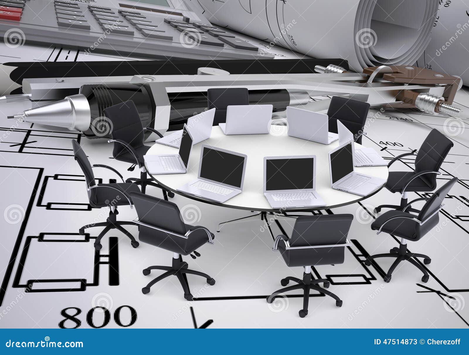 Round Table, Compasses, Calculator and Technical Stock Illustration ...