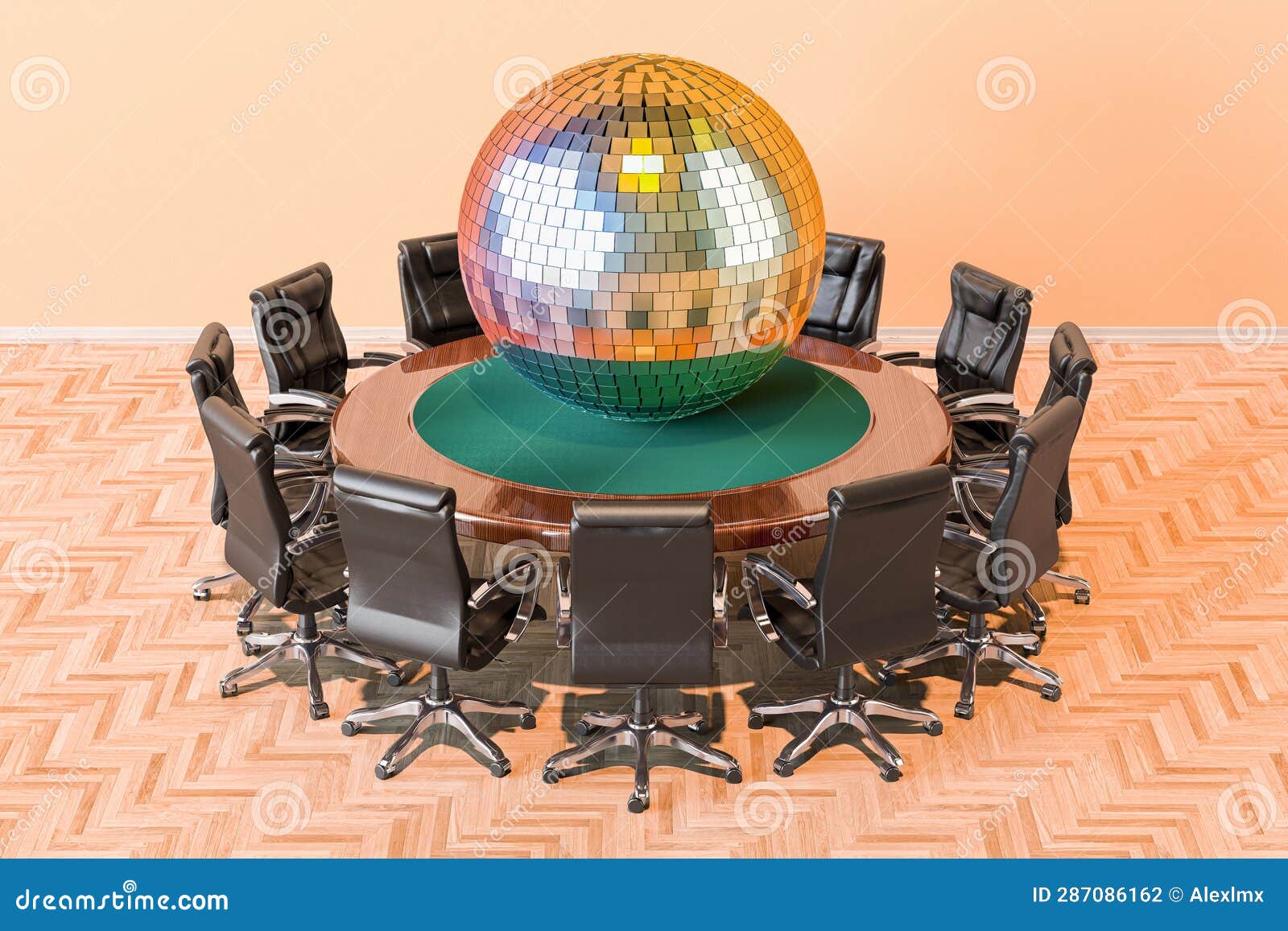 Round Table with Disco Ball and Armchairs Around, 3D Rendering Stock ...