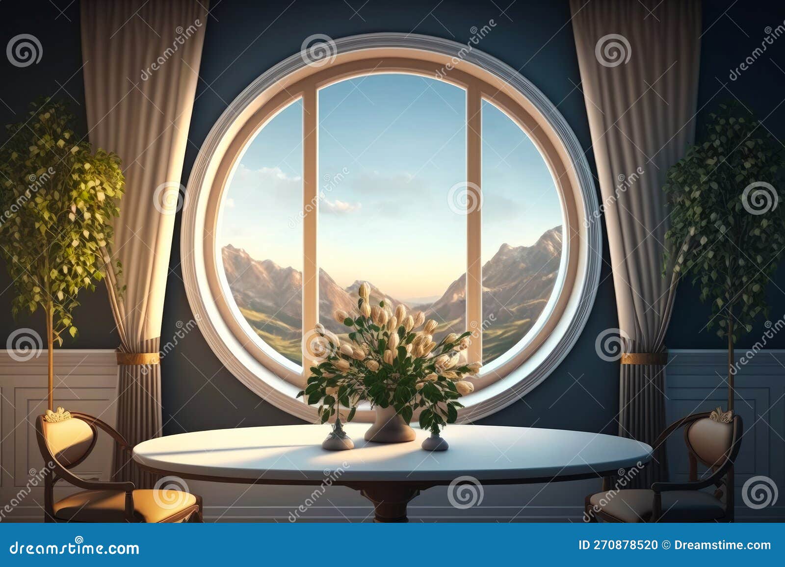 Round Table in Front of Window with Mountains in the Background ...
