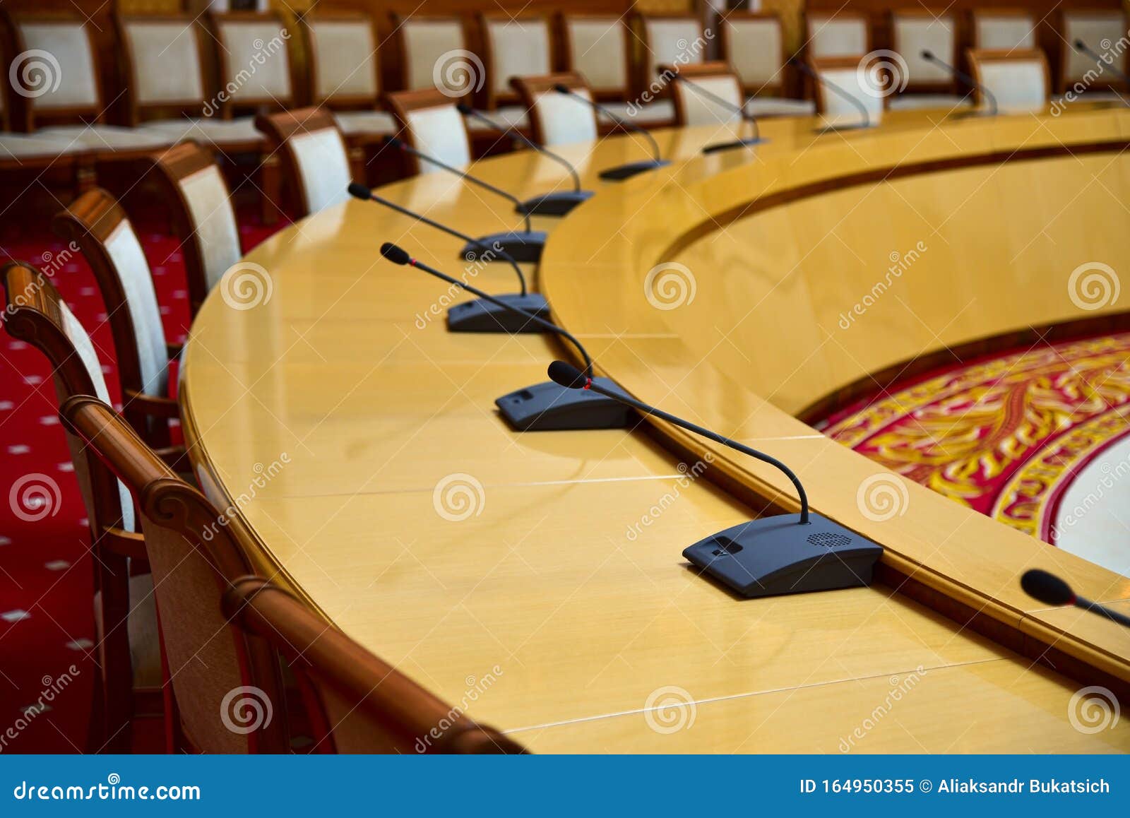 Round Table with Microphones for Diplomatic Negotiations in the Hall ...