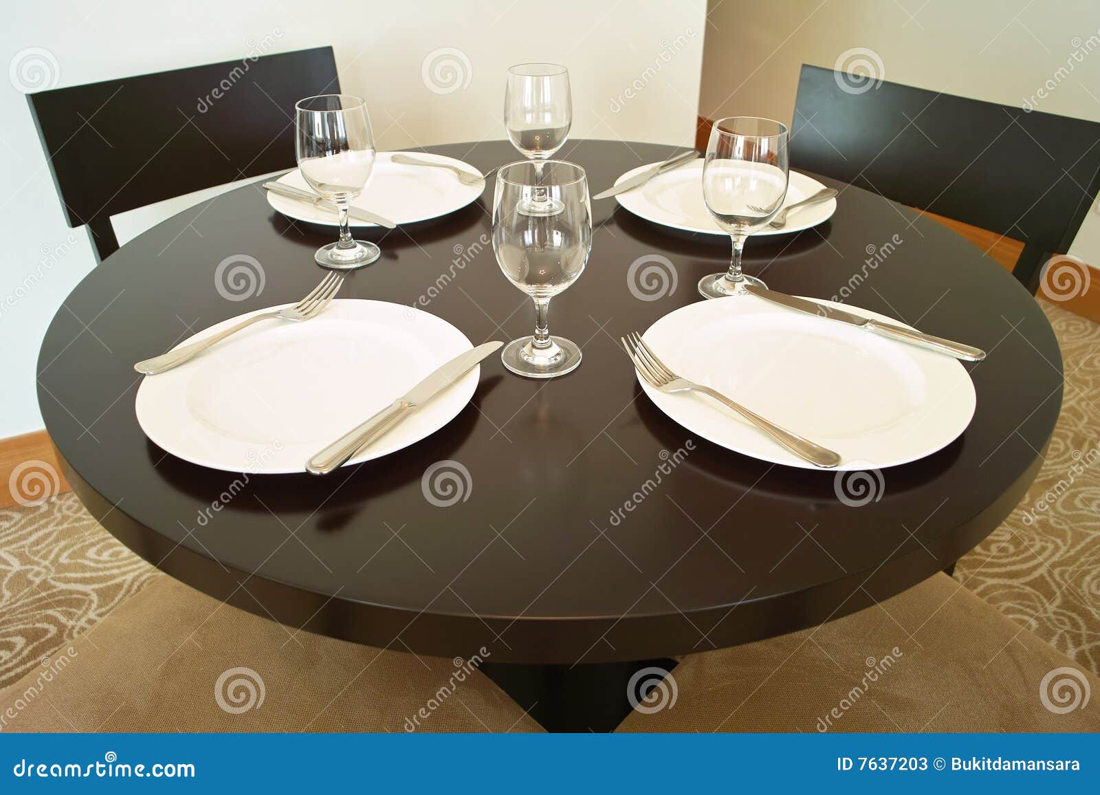 Round Table with Plates & Glass Stock Image - Image of four, silver ...
