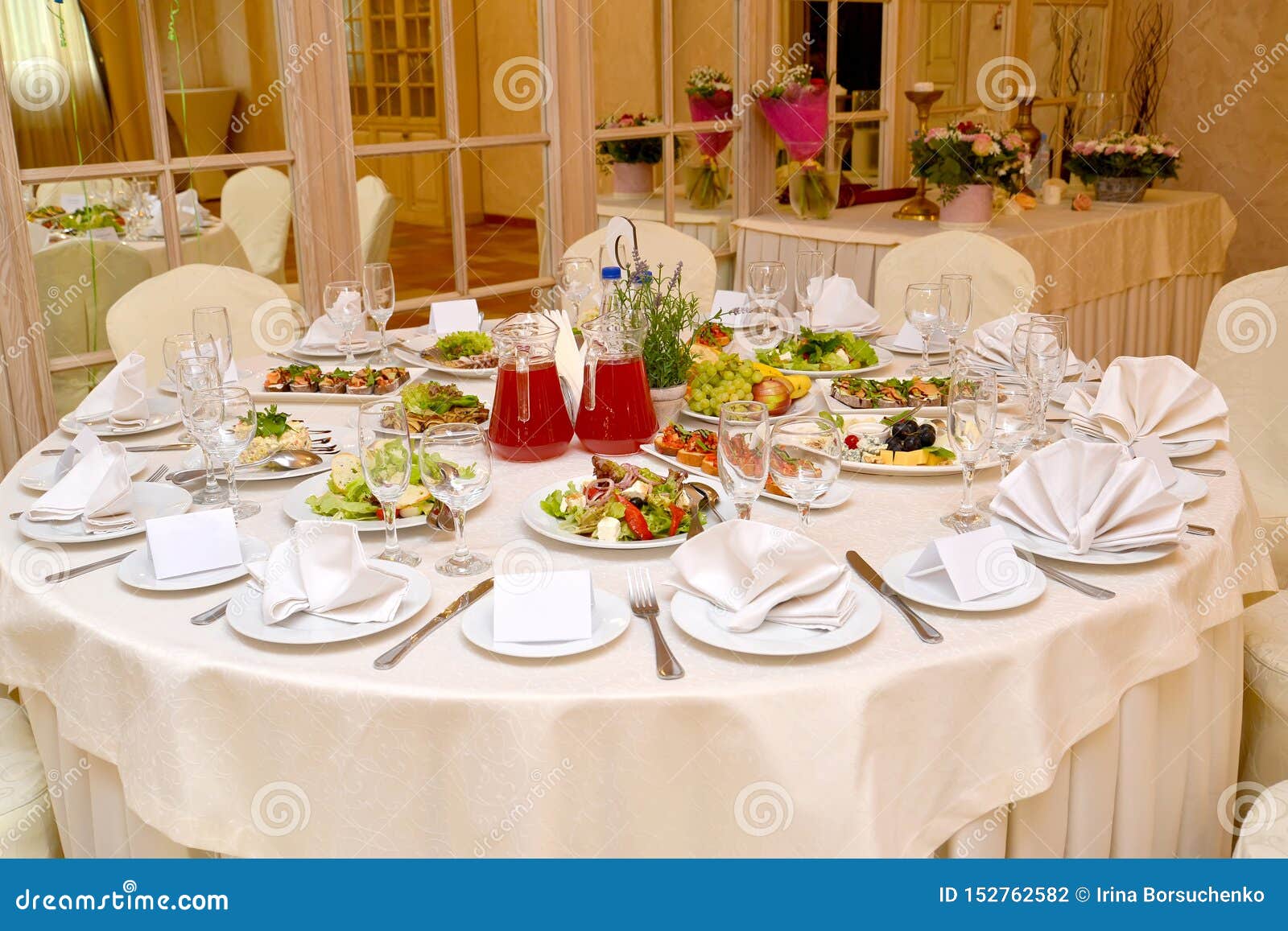The Round Table Served for a Banquet. Restaurant Stock Photo - Image of ...