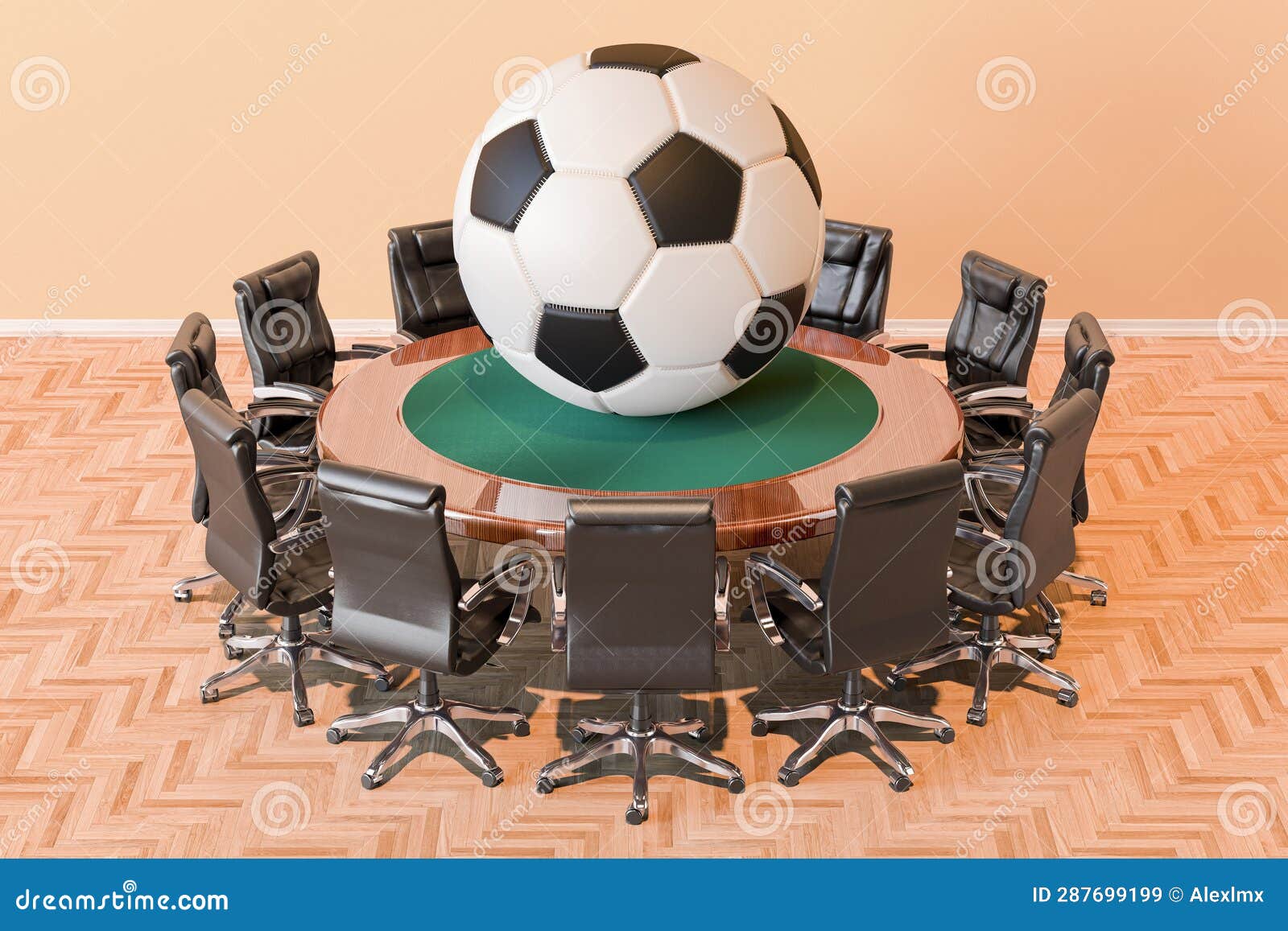 Round Table with Soccer Ball and Armchairs Around, 3D Rendering Stock ...