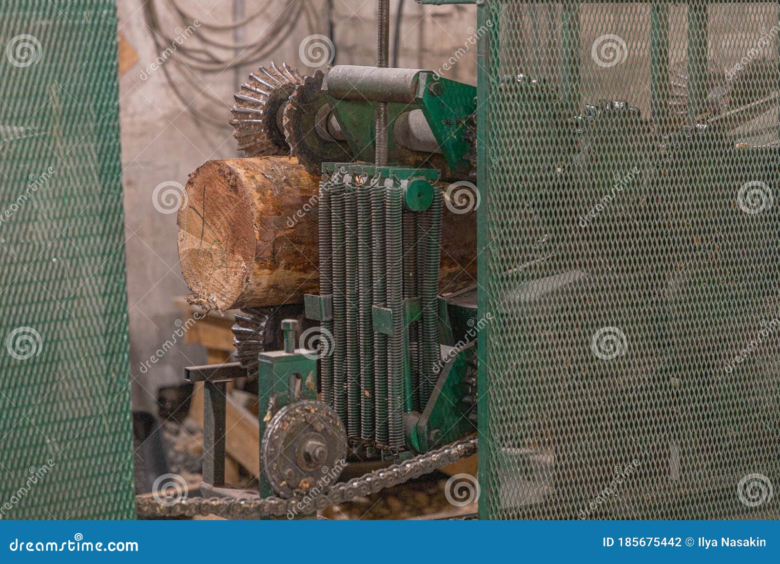 Processing of Round Timber Logs for Building Wooden House. Removing ...