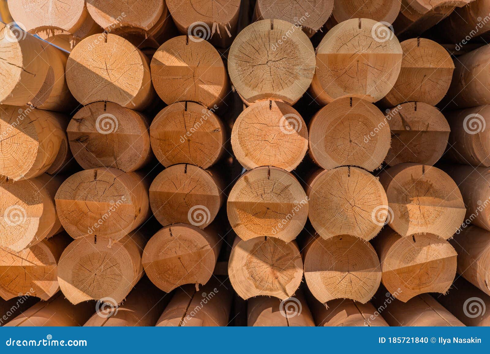 Pattern Stack of Round Timber Logs for Building Wooden House. Removing ...
