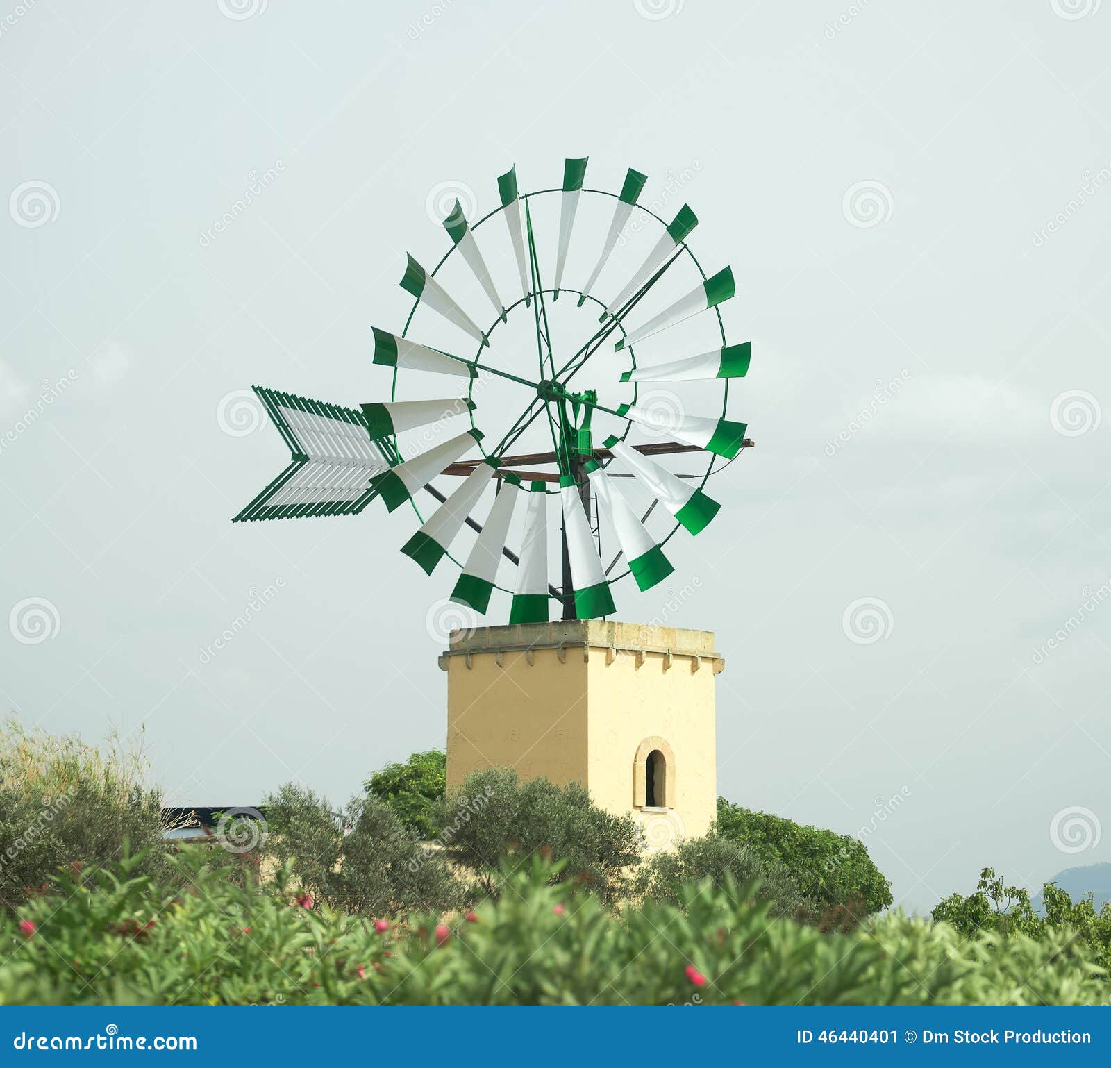 Round tower windmill. stock image. Image of rustic, green - 46440401