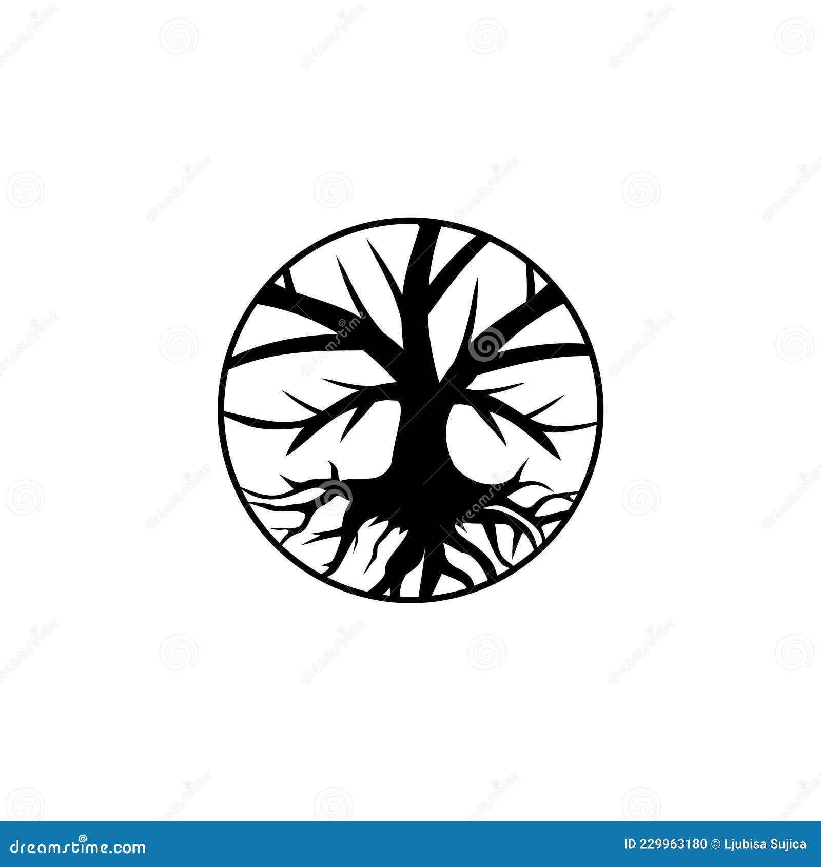 Round Tree with Roots and Branches Icon Isolated on White Background ...