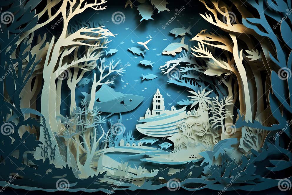 Round Underwater Composition with a Dolphin, Fish, Shellfish, Algae and ...