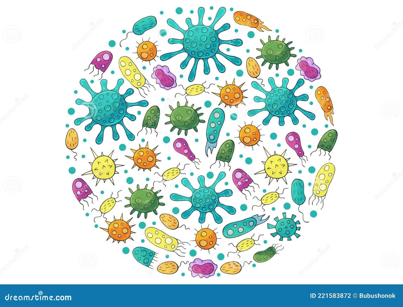 Round Vector Set of Design Elements. Set of Cartoon Microbes in Hand ...