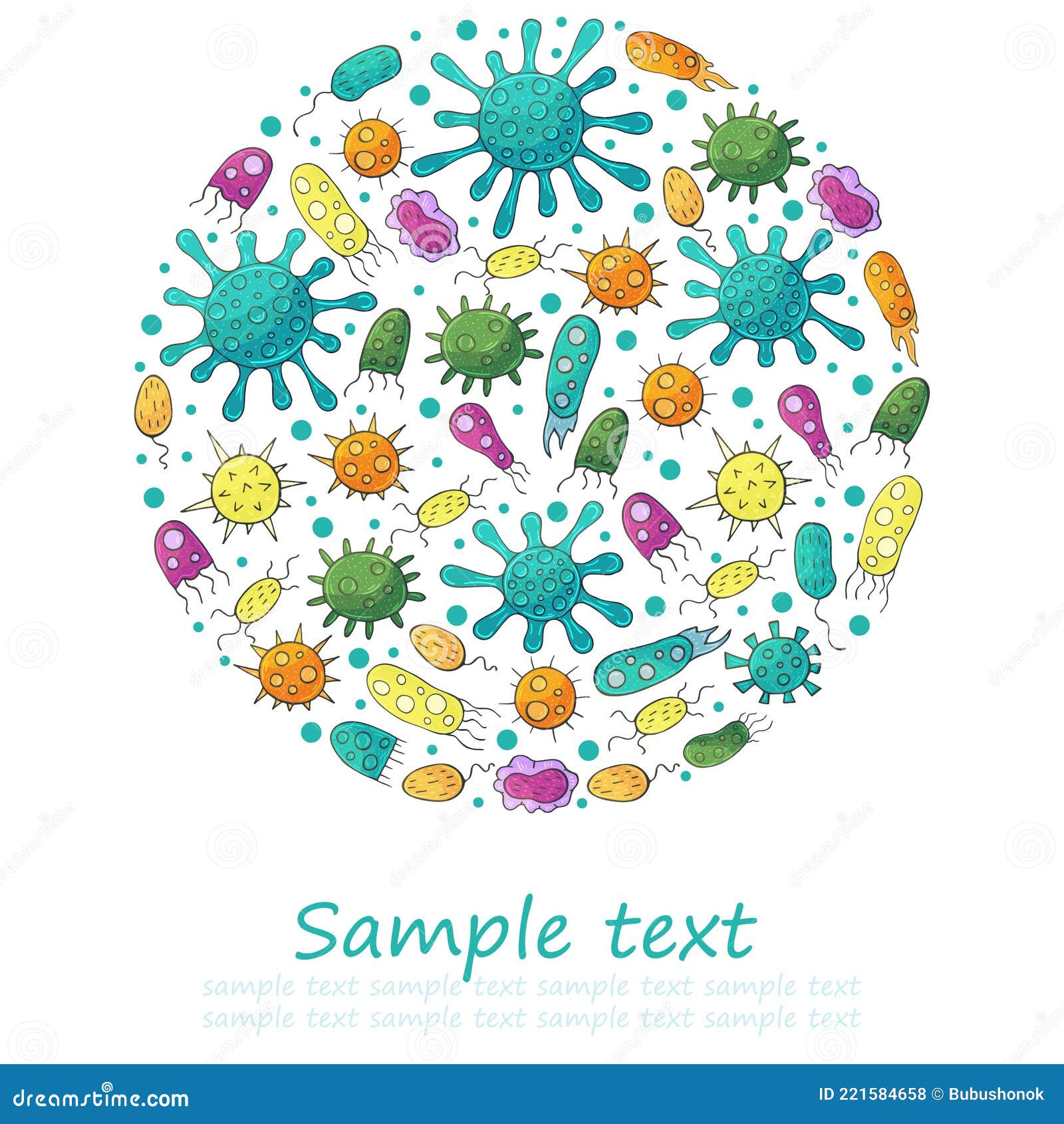 Round Vector Set of Design Elements, Text. Set of Cartoon Microbes in ...