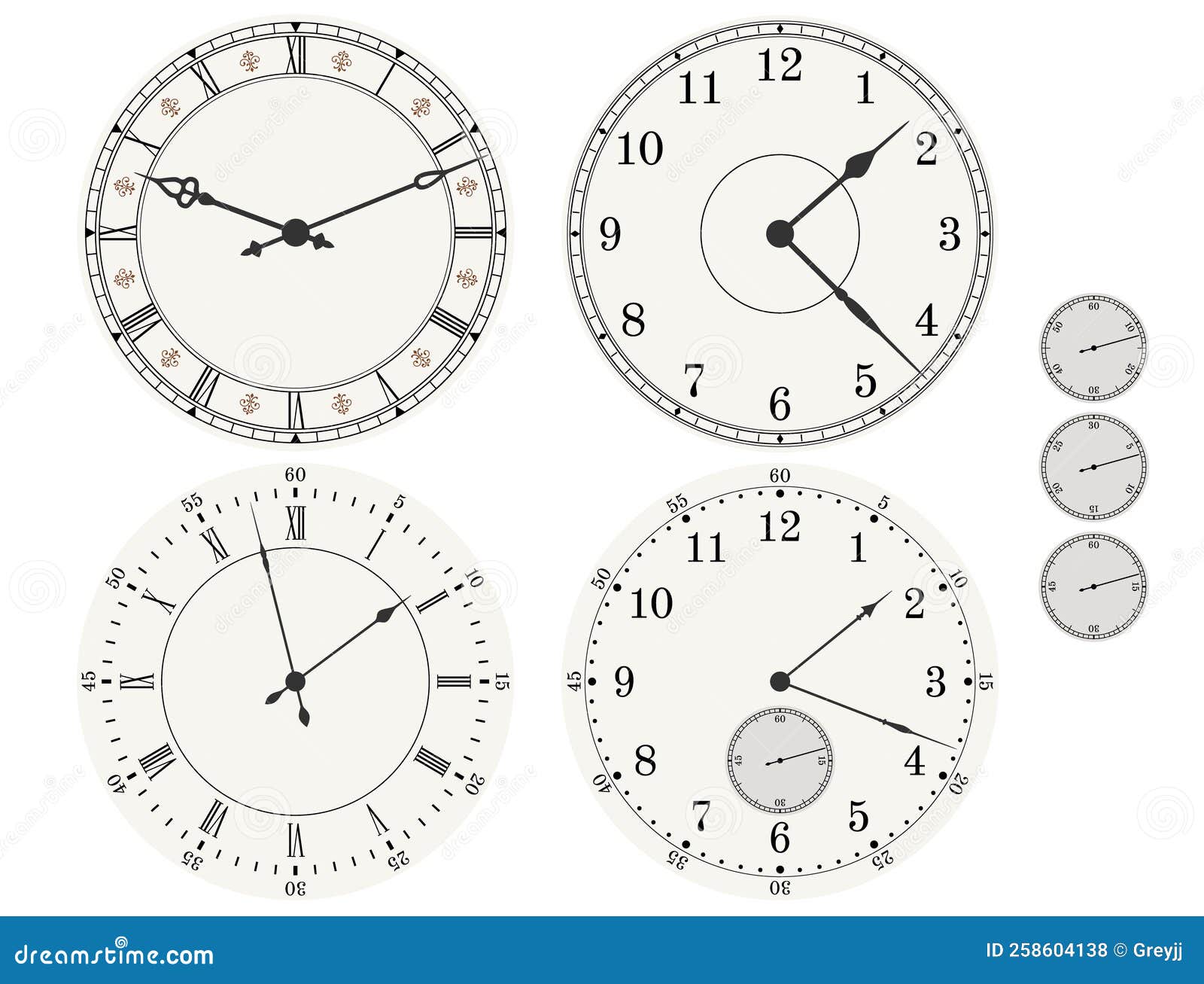 Round Vintage Dials of Clocks and Small Stopwatch Faces Stock Vector ...