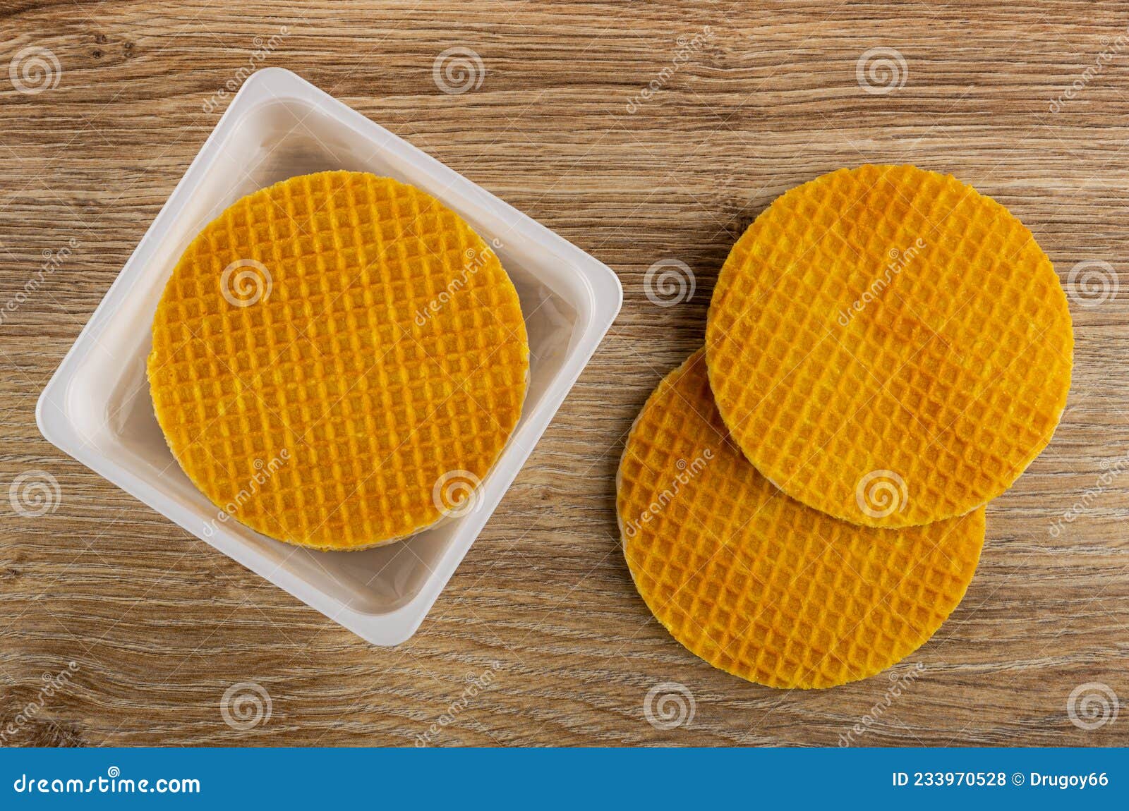 Round Wafers in Plastic Box, Wafers on Wooden Table. Top View Stock ...