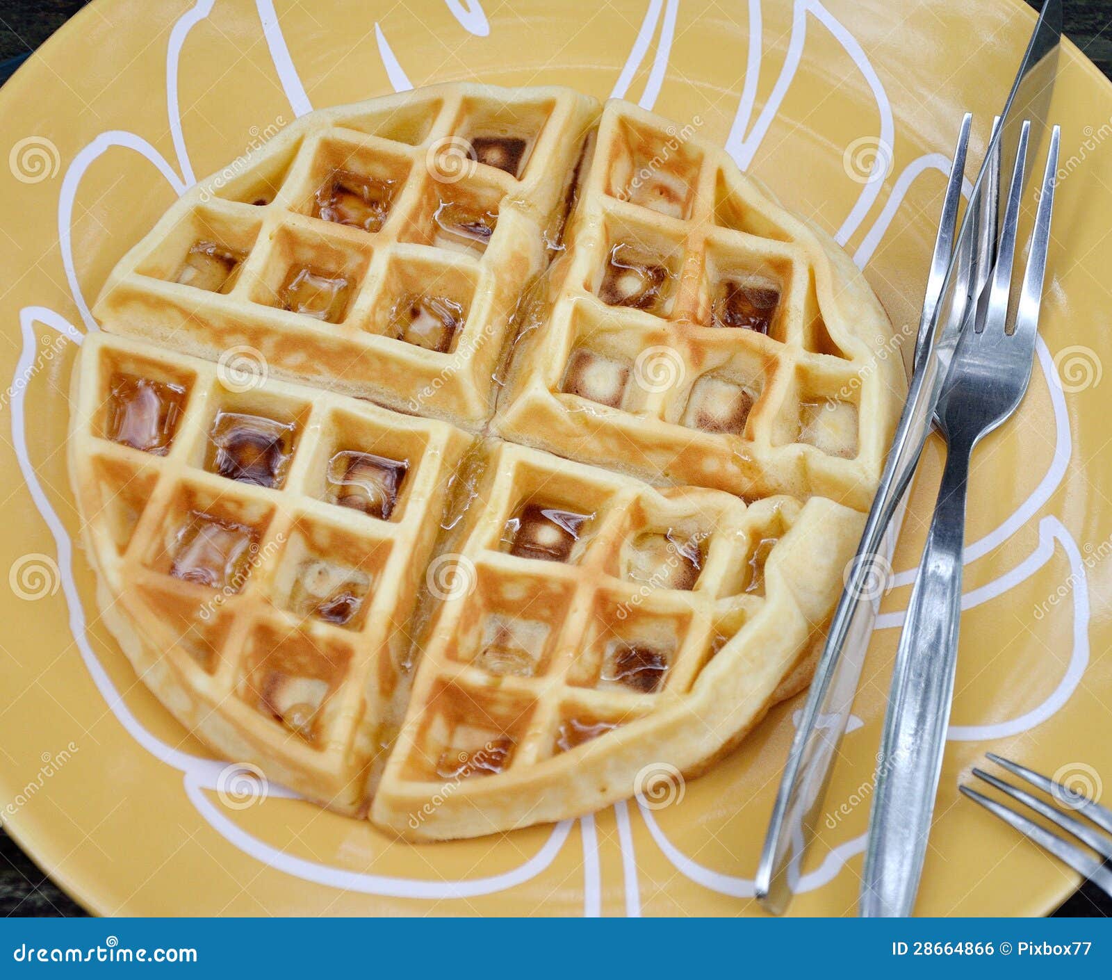 Round Waffle with Syrup on Dish Stock Photo - Image of waffles, snack ...