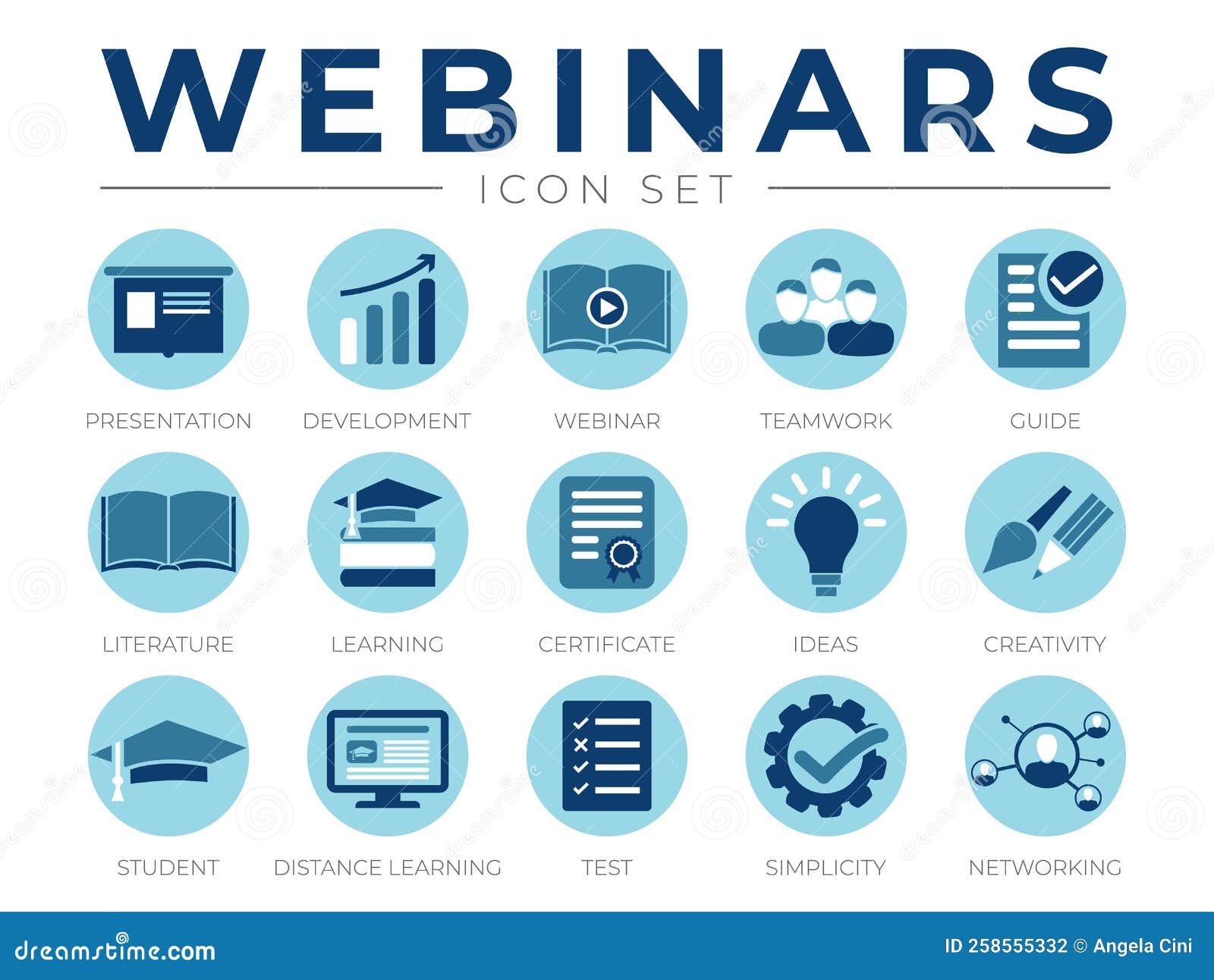Round Webinar Icon Set. Presentation, Development, Webinars, Networking ...