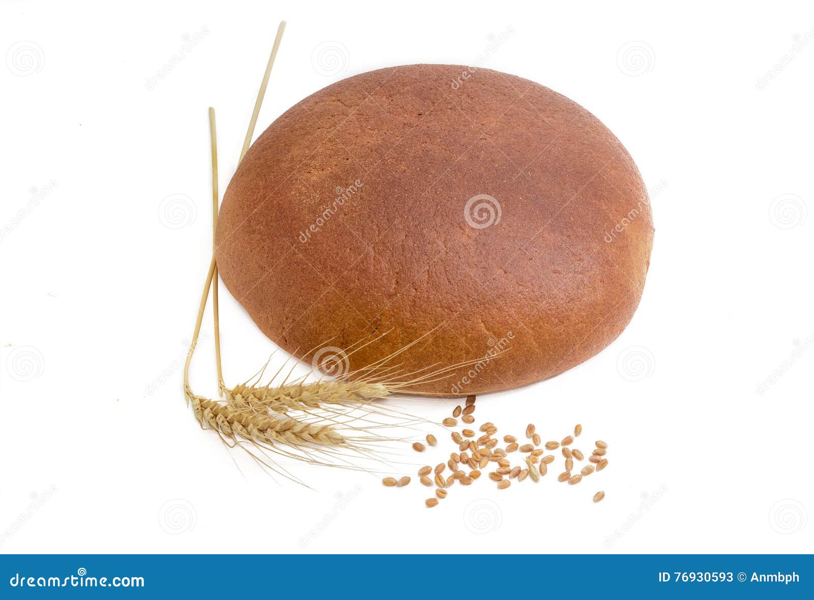 Round Wheat Rye Bread, Wheat Spikes and Wheat Grain Stock Image - Image ...