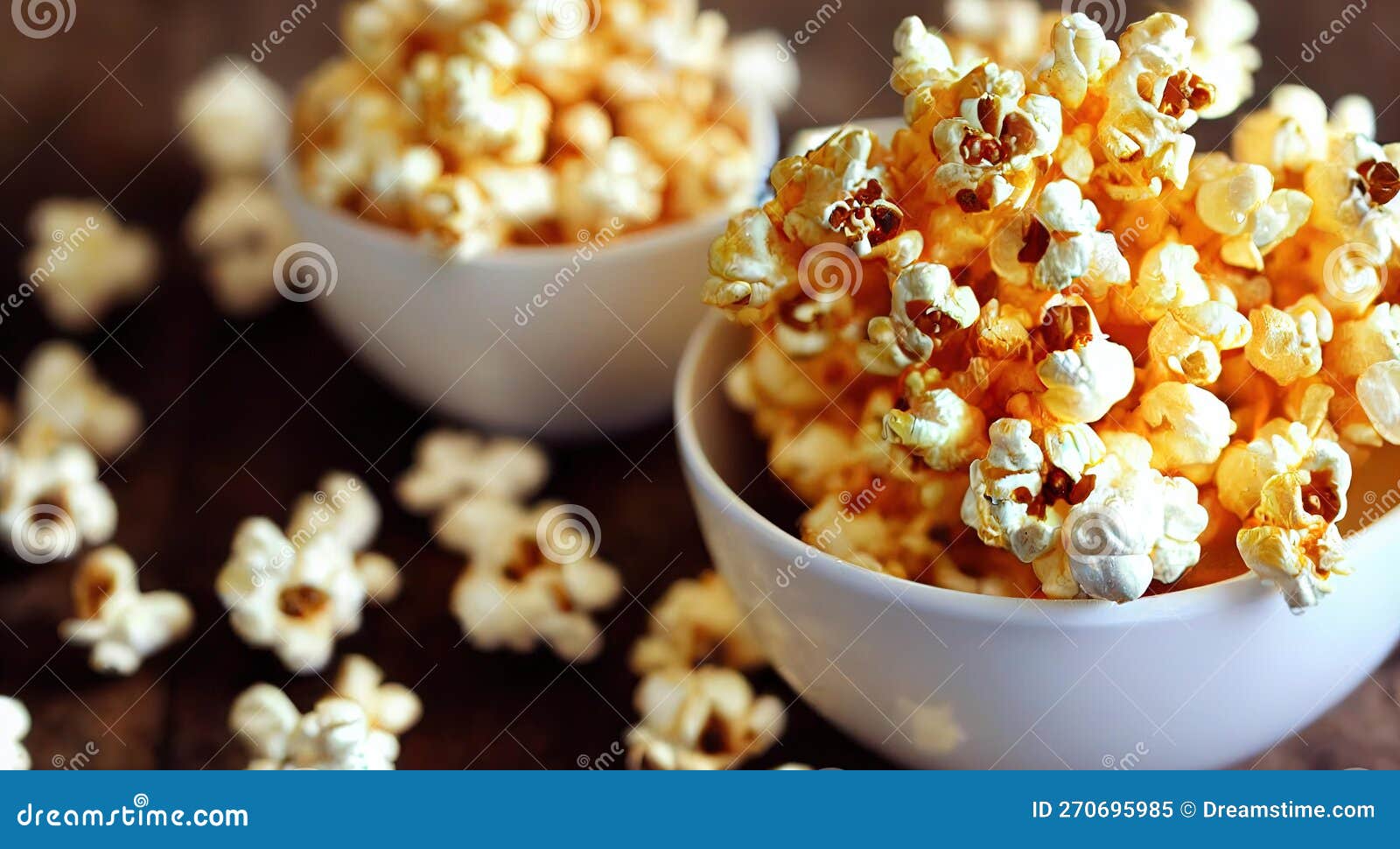 Round White Bowls with Caramel Popcorn on Dark Brown Background. Stock ...