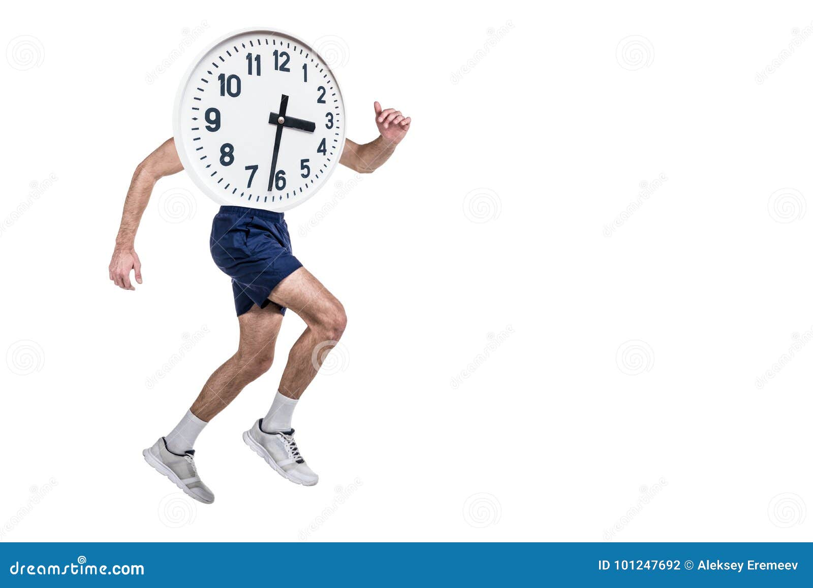 Round White Clock with Hands and Feet on White Isolated Background ...