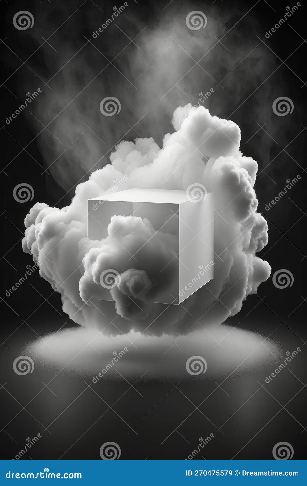Round White Cube Flying through a Cloud of Smoke Podium, Empty Showcase ...