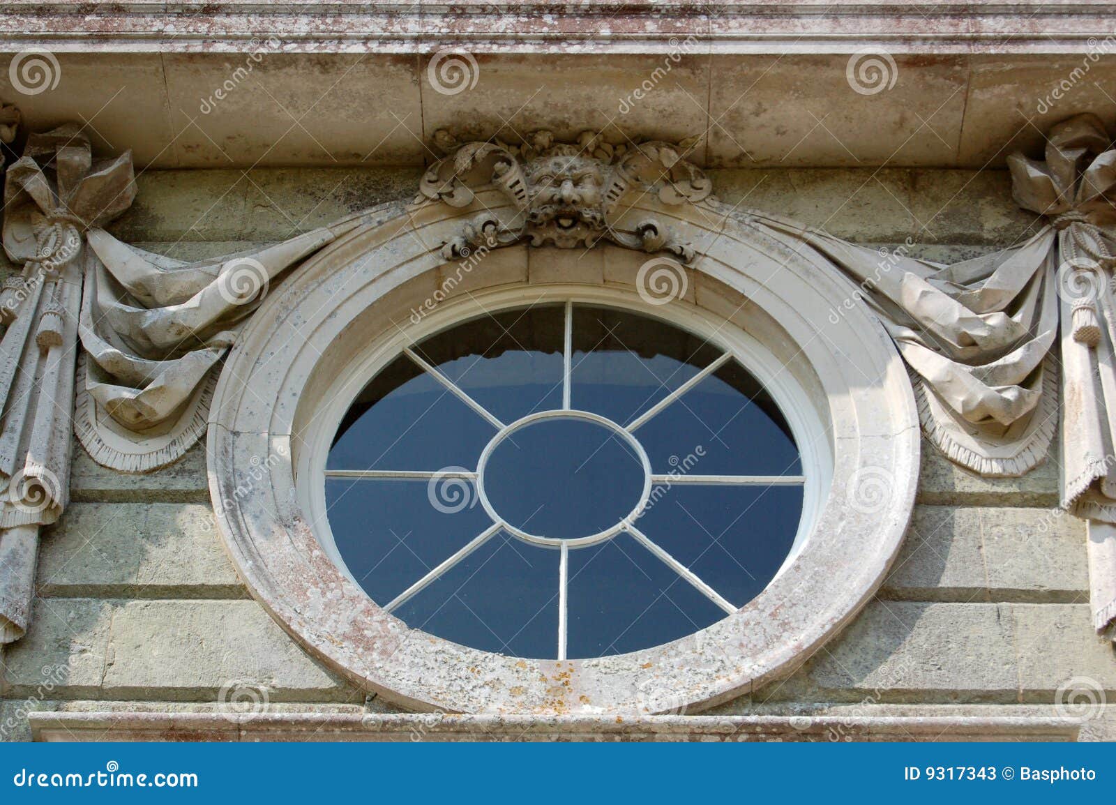 Round Window And Shadow Of Stairs With Railing On Blue Wall Stock Photo ...
