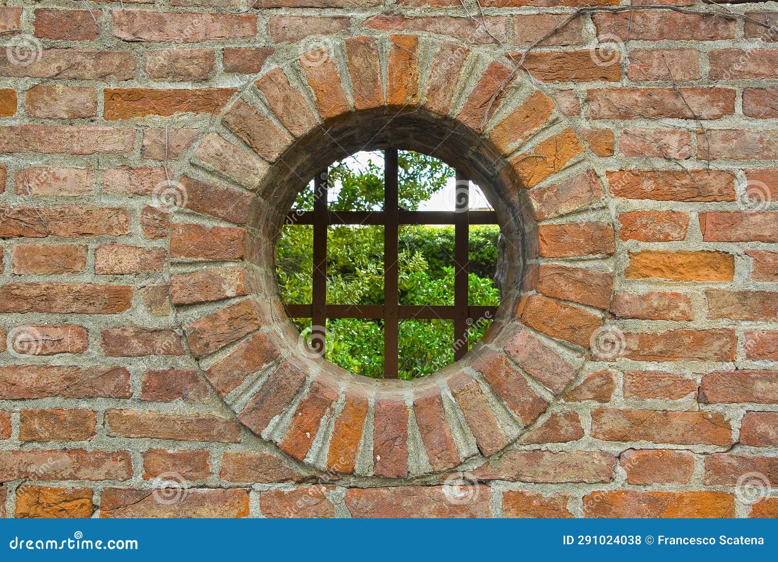 Round Window on Old and Weathered Brick Wall with Metal Grate Stock ...