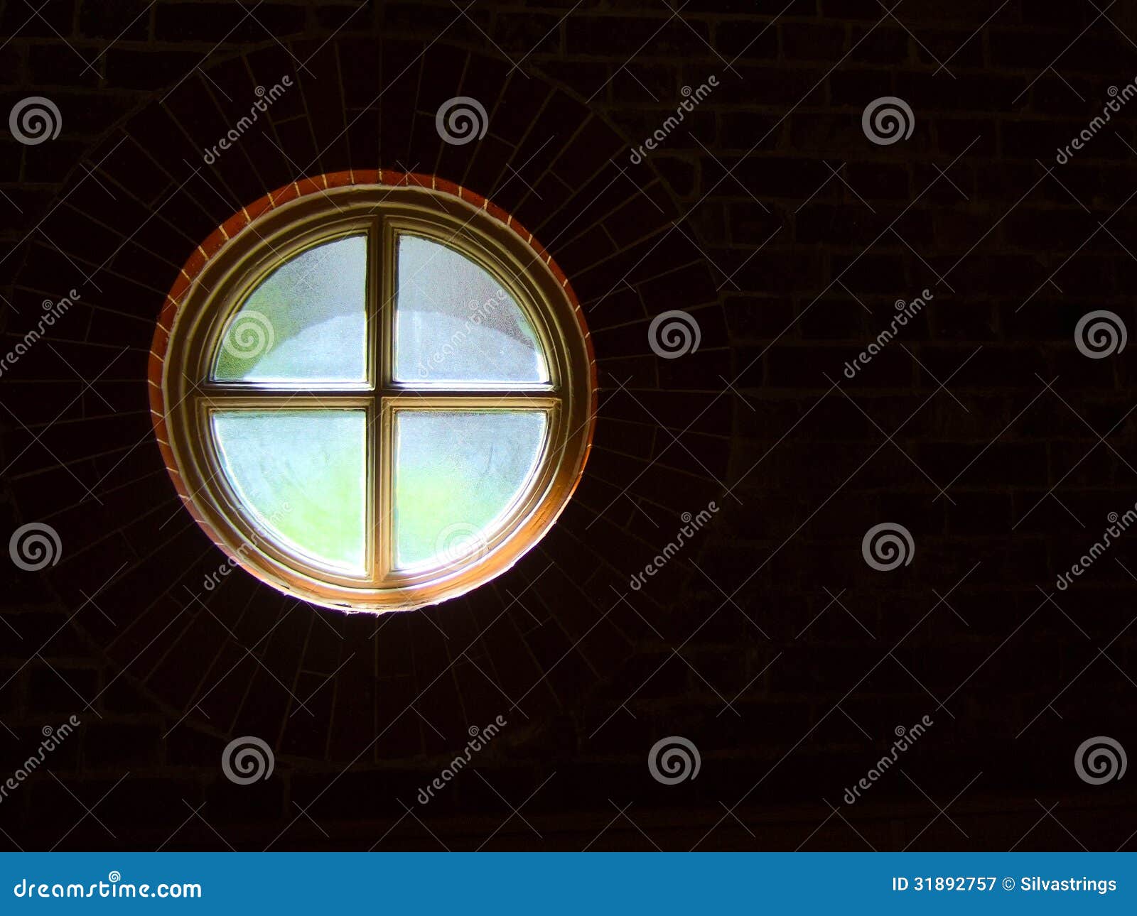 Round Window And Shadow Of Stairs With Railing On Blue Wall Stock Photo ...