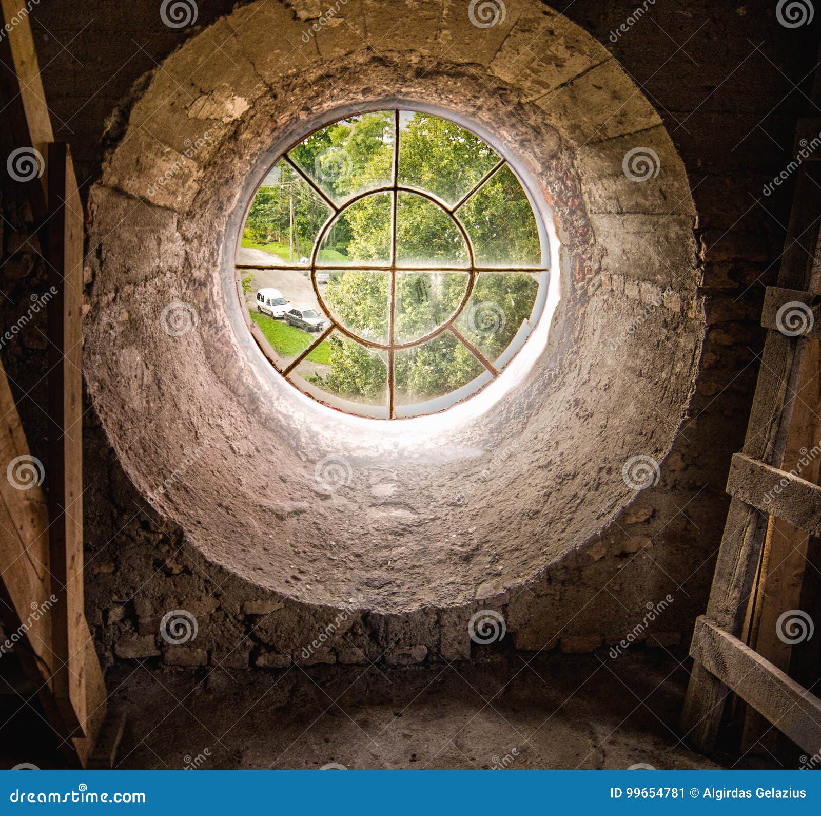 Round window in a tower stock image. Image of circle - 99654781