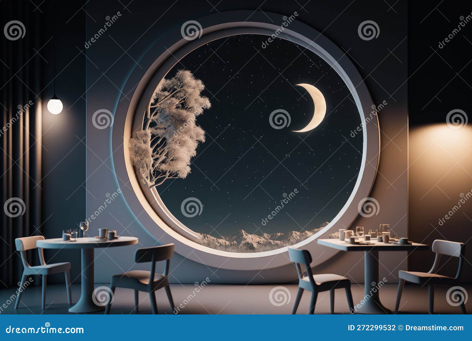 Round Window with View of the Moon and Tree in the Middle of it ...