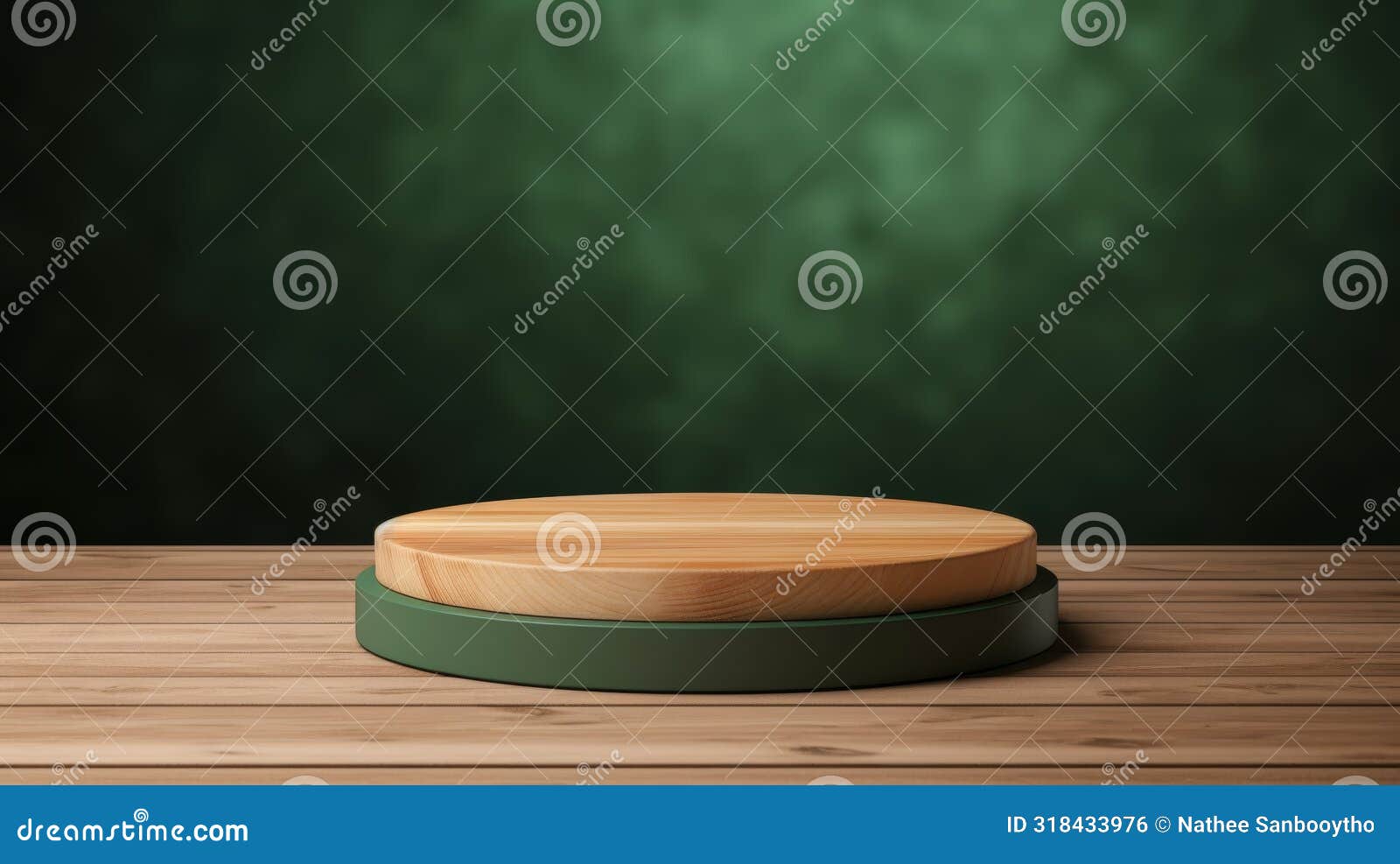 Wooden Podium With Wicker Mat On Stone Wall Backdrop Stock Photo ...