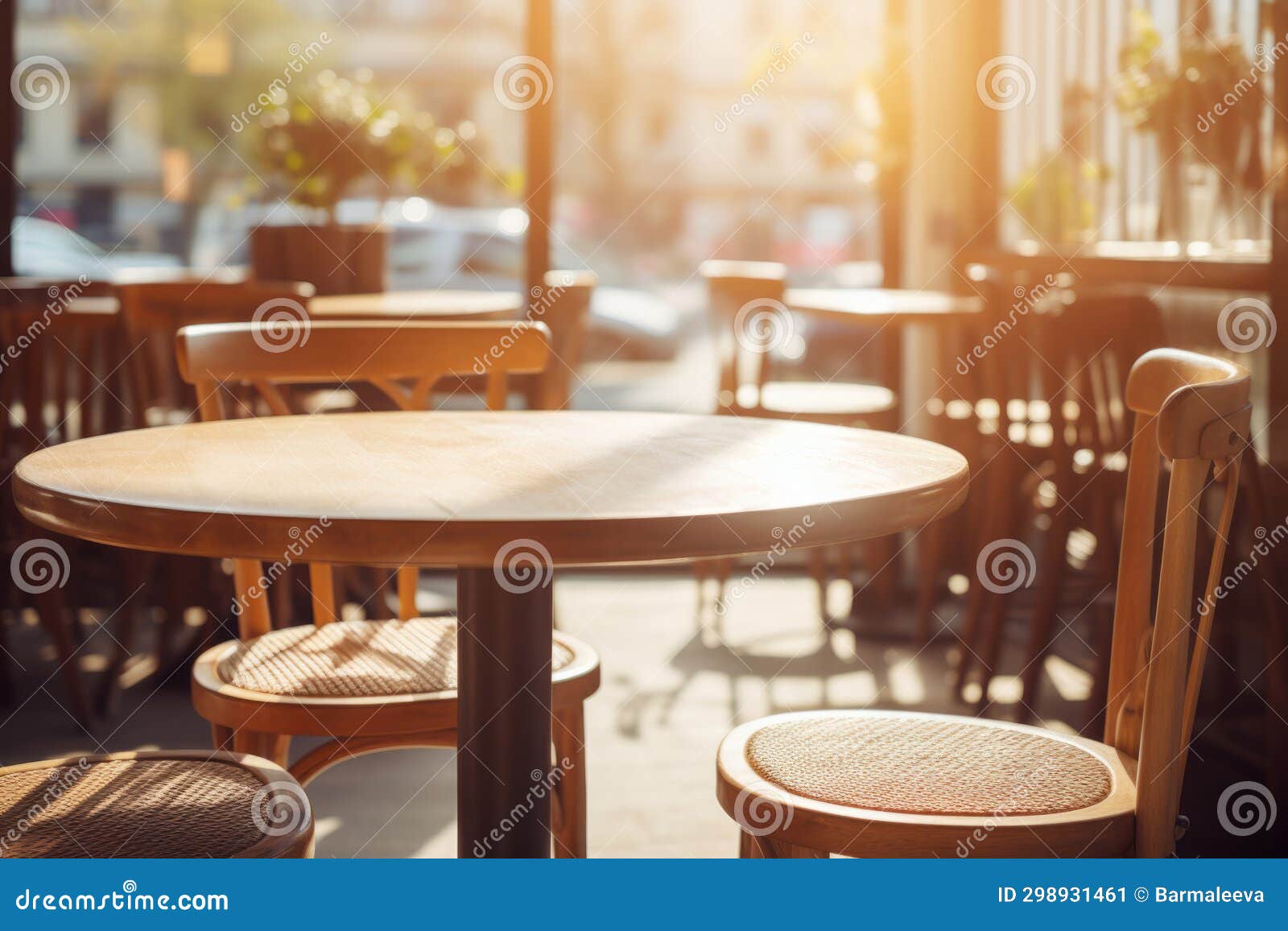 Round Wooden Table and Chairs in Cafe. Restaurant Interior with Empty ...