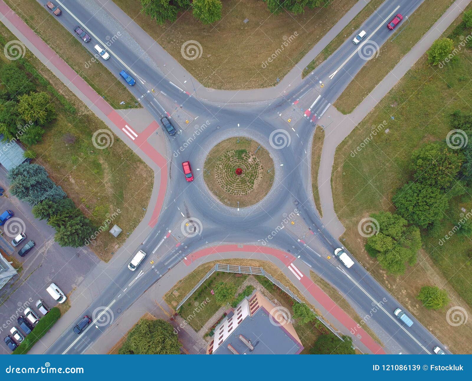 Roundabout Intersection in Four Directions with Island, Aerial View ...