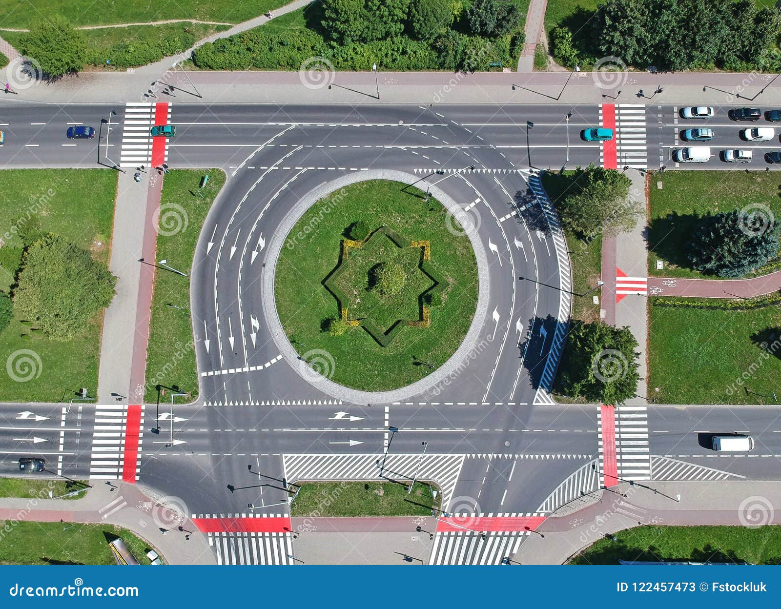 Roundabout Intersection in Four Directions with Island, Aerial View ...