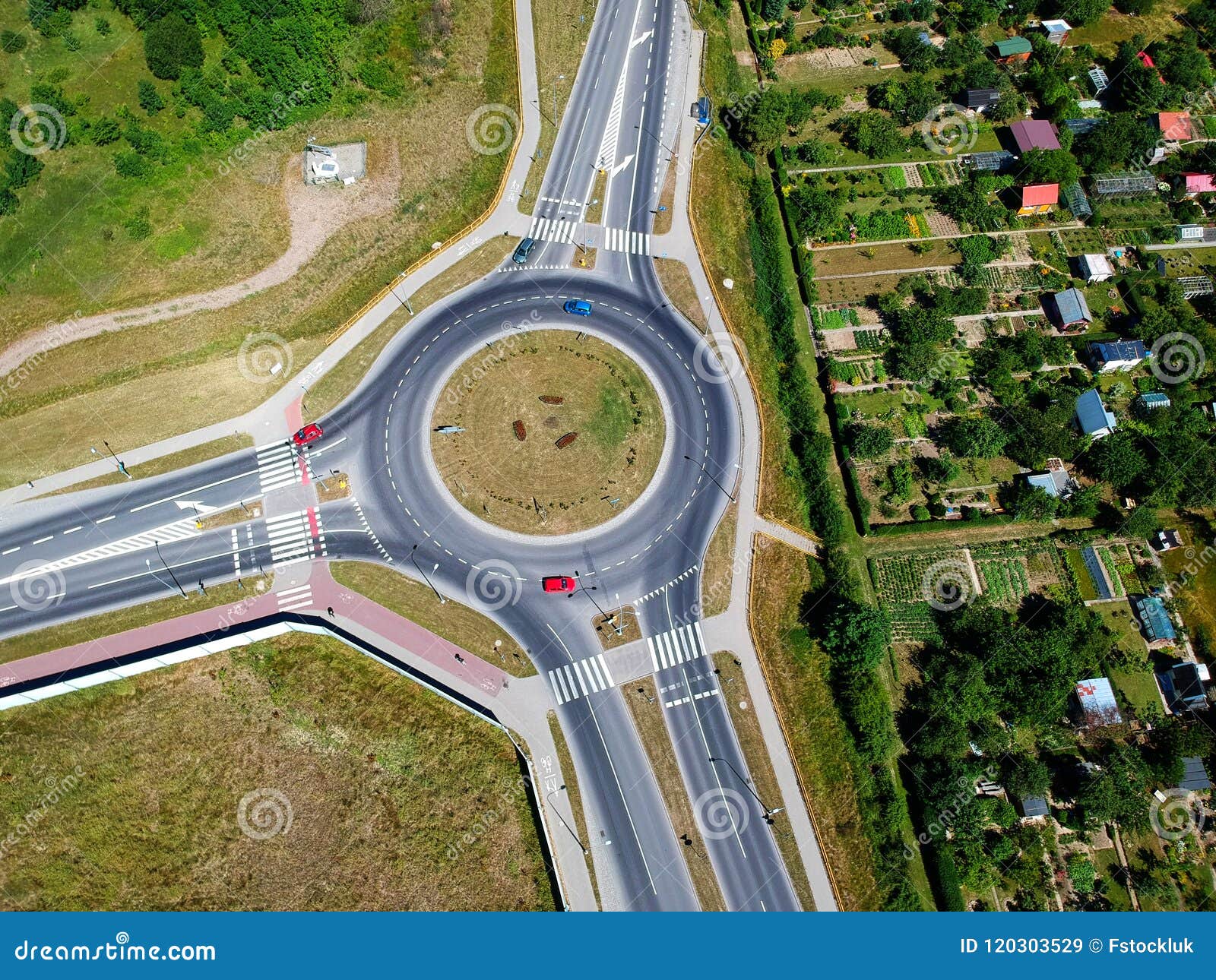 Roundabout Intersection in Three Directions with Island, Aerial View ...