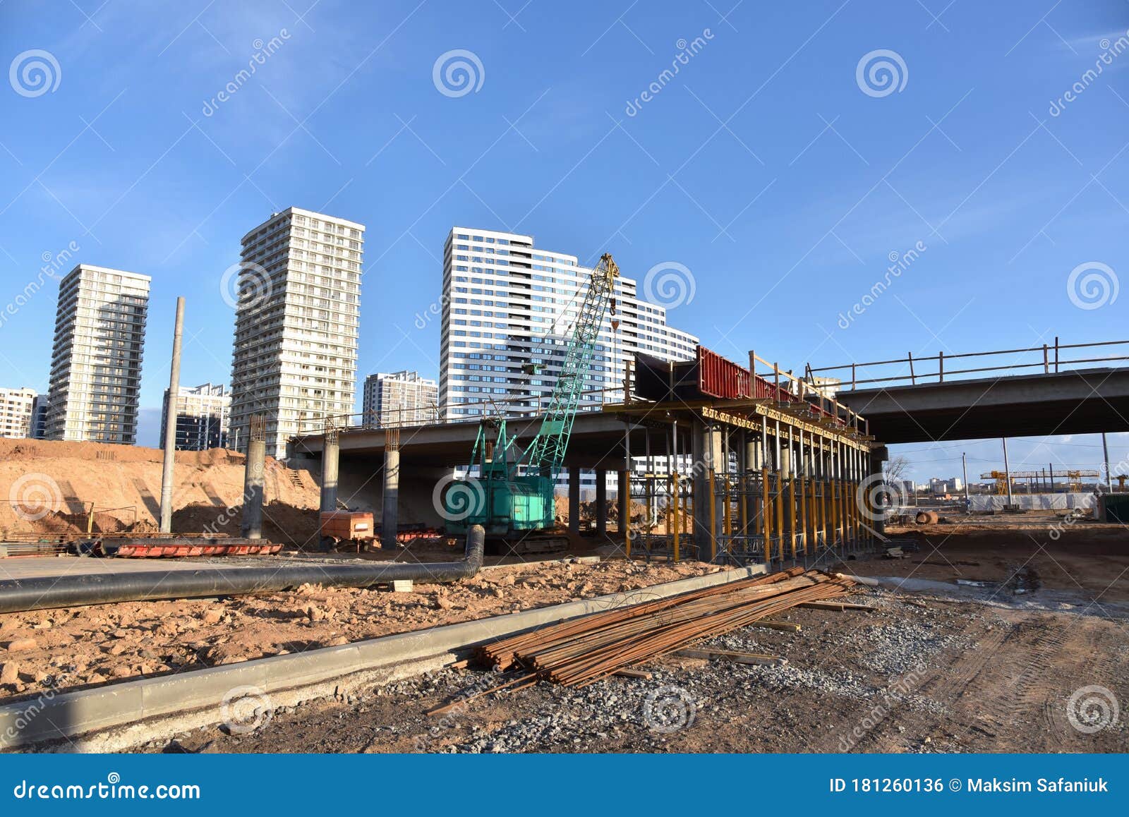Roundabout and Traffic Bridge Construction. Construction Highway Ramps ...