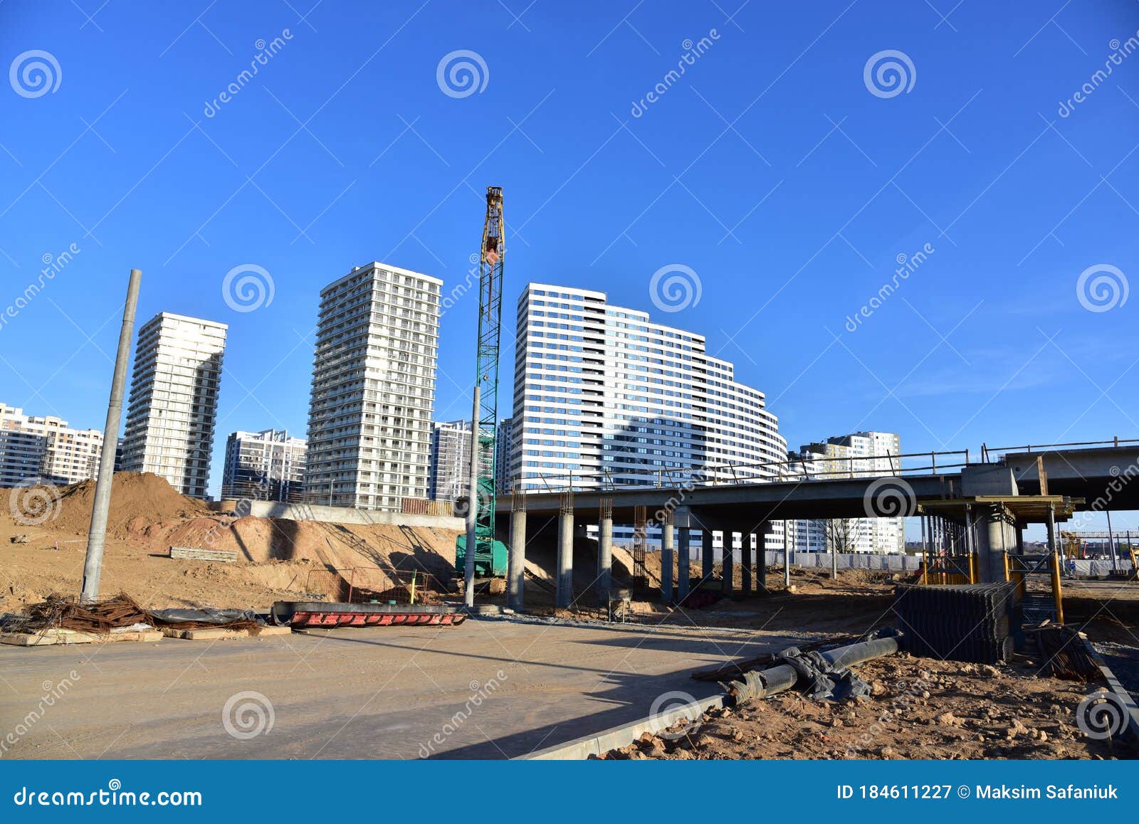 Roundabout and Traffic Bridge Construction. Construction Highway Ramps ...