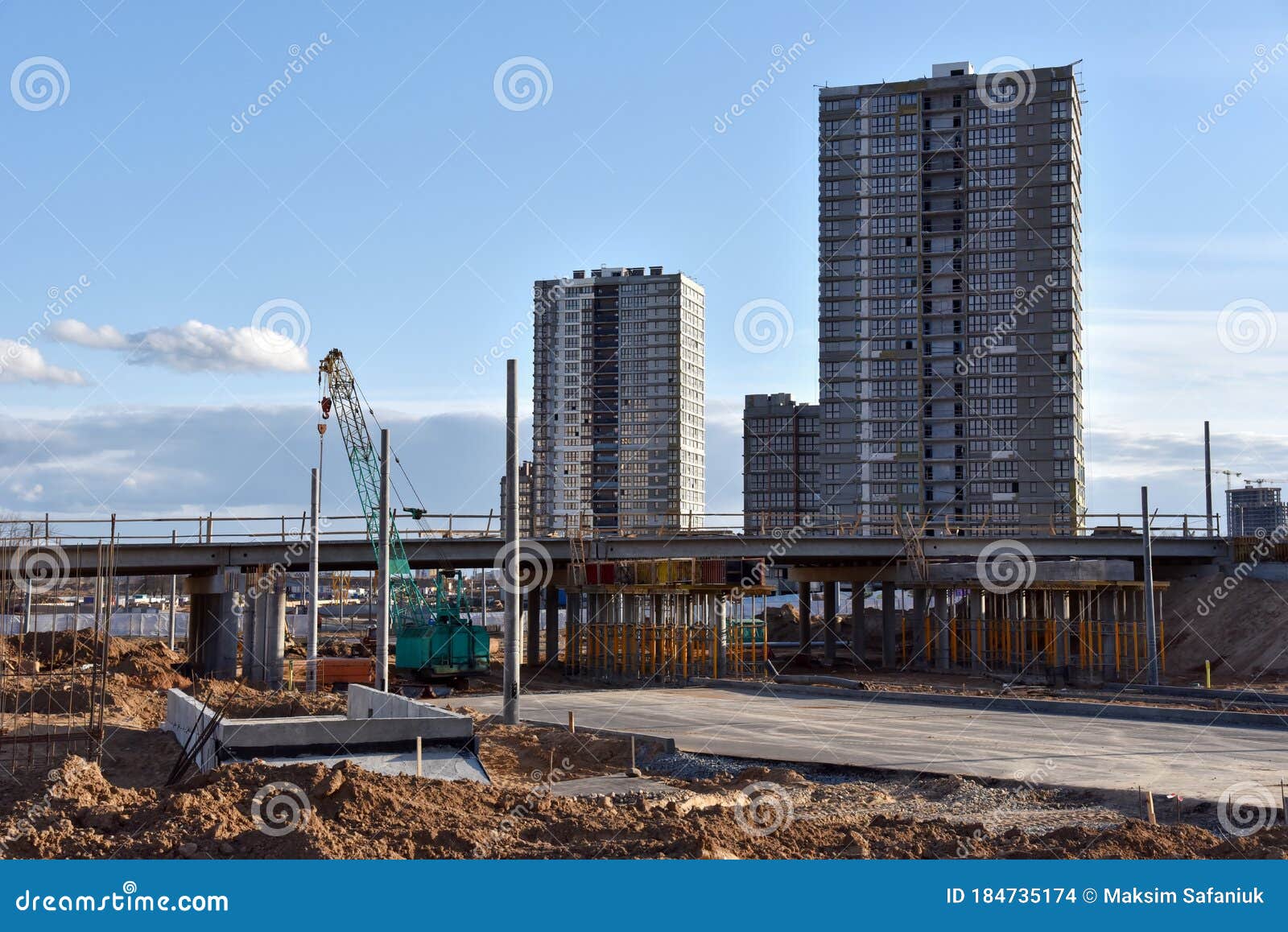 Roundabout and Traffic Bridge Construction. Construction Highway Ramps ...
