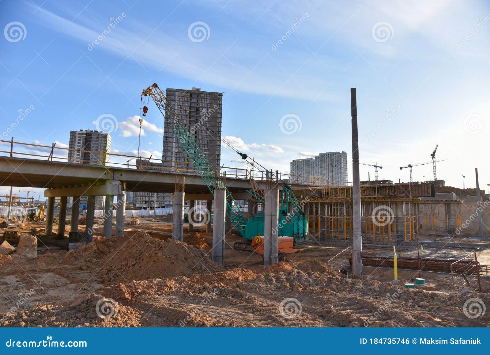 Roundabout and Traffic Bridge Construction. Construction Highway Ramps ...