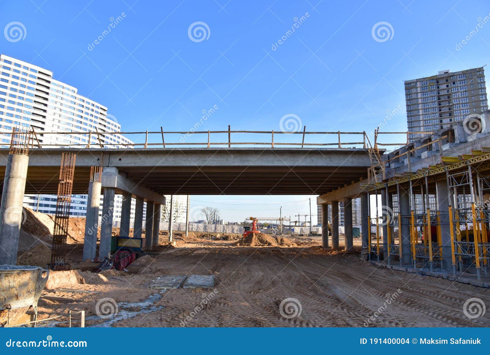 Roundabout and Traffic Bridge Construction. Construction Highway Ramps ...
