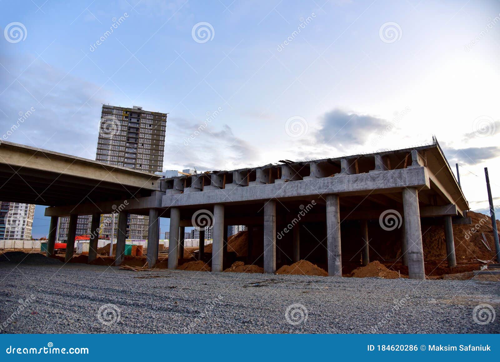Roundabout and Traffic Bridge Construction. Construction Highway Ramps ...