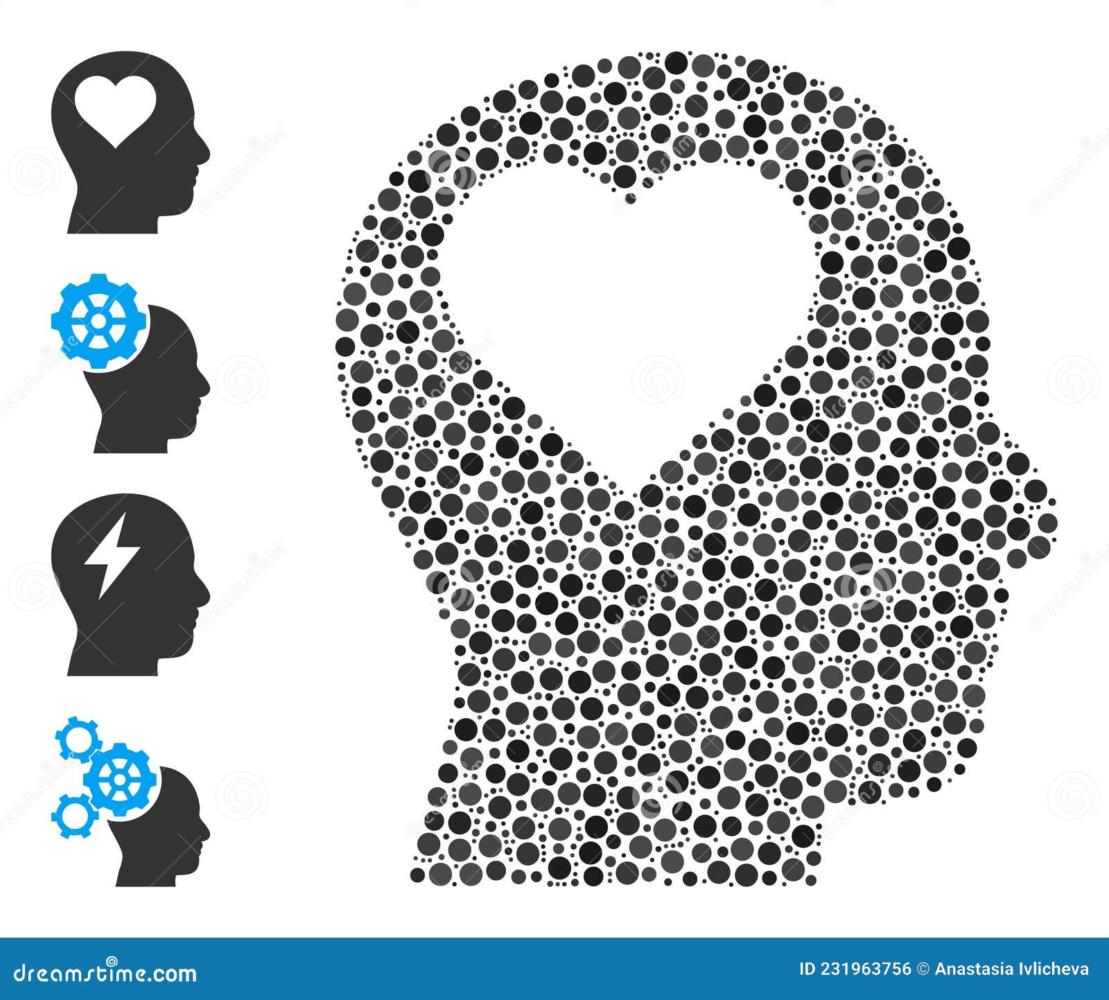 Dotted Lover Head Collage of Round Dots with Similar Icons Stock Vector ...