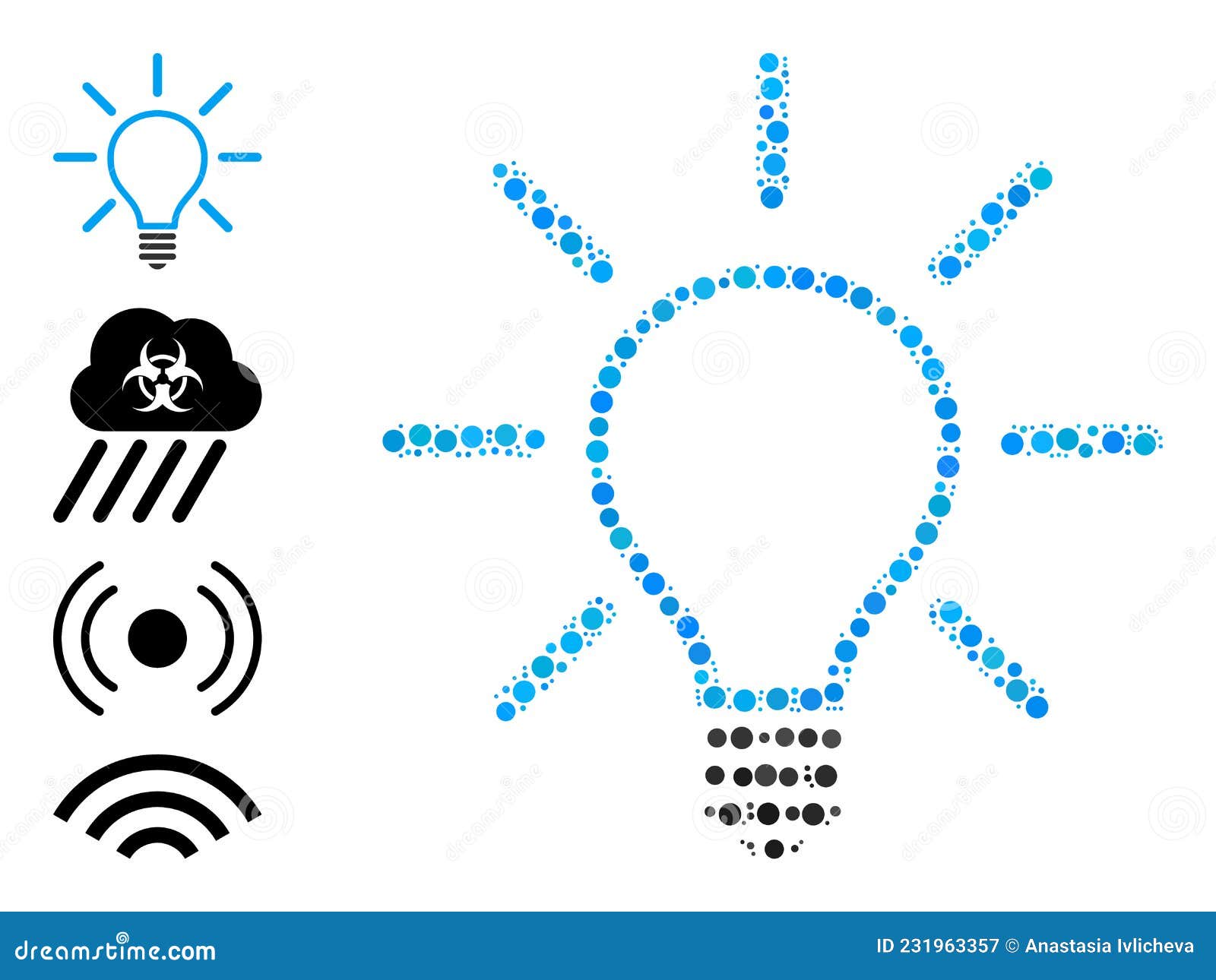 Dotted Light Bulb Mosaic of Round Dots and Bonus Icons Stock Vector ...