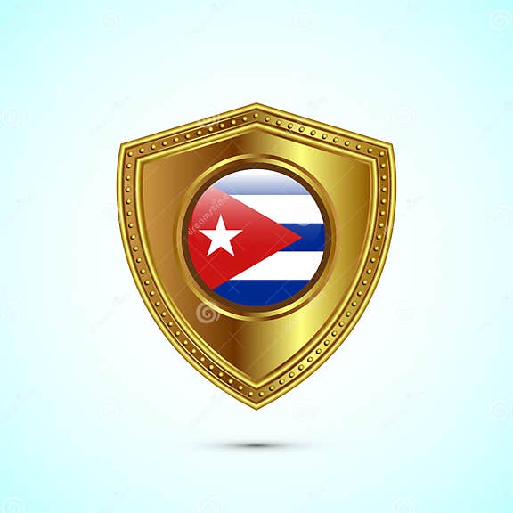 Rounded Flag of Cuba with Glossy Gold Shield Stock Illustration ...