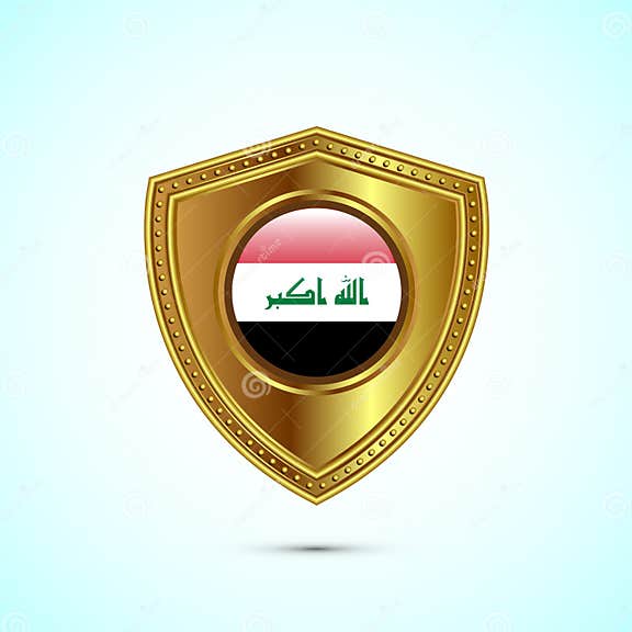 Rounded Flag of Iraq with Glossy Gold Shield Stock Illustration ...