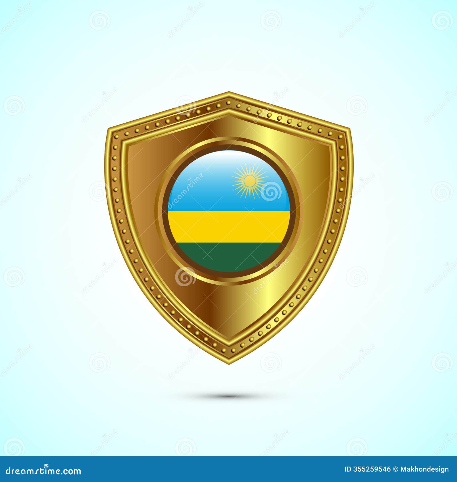 Rounded Flag of Rwanda with Glossy Gold Shield Stock Illustration ...