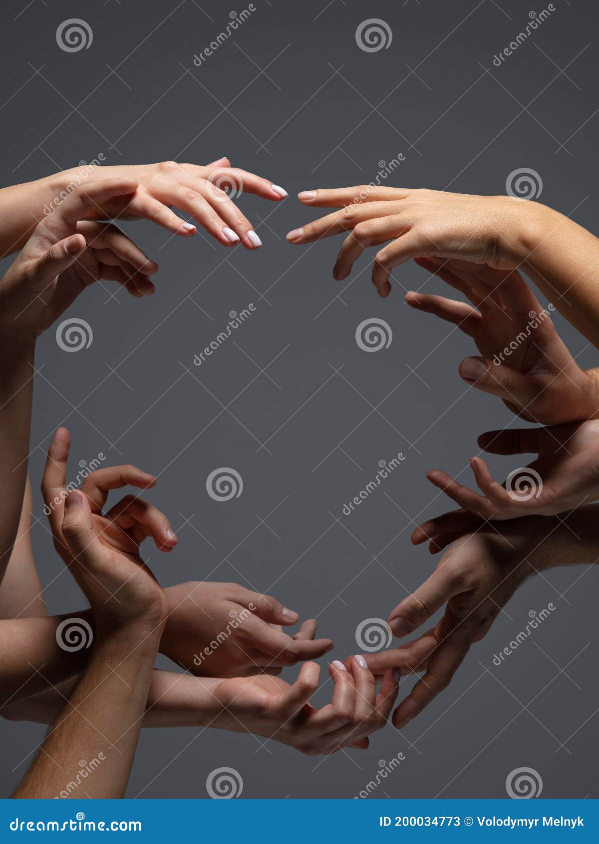 Hands of People`s Crowd in Touch Isolated on Grey Studio Background ...