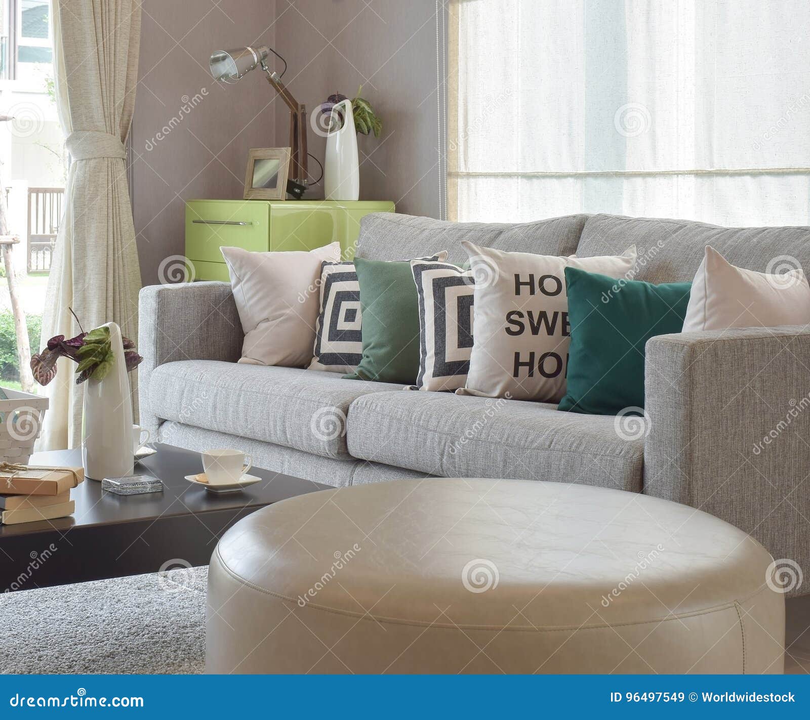 Rounded Shape Stool with a Cozy Sofa in Modern Living Room Stock Image ...