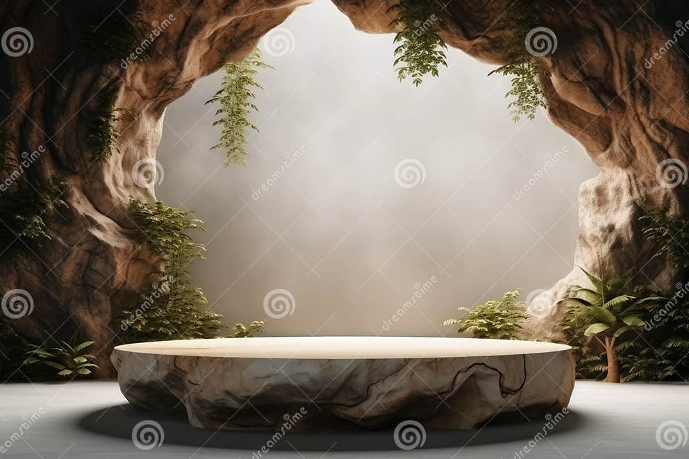 Rounded Stone Podium Platform in the Middle of a Cave with Plants ...